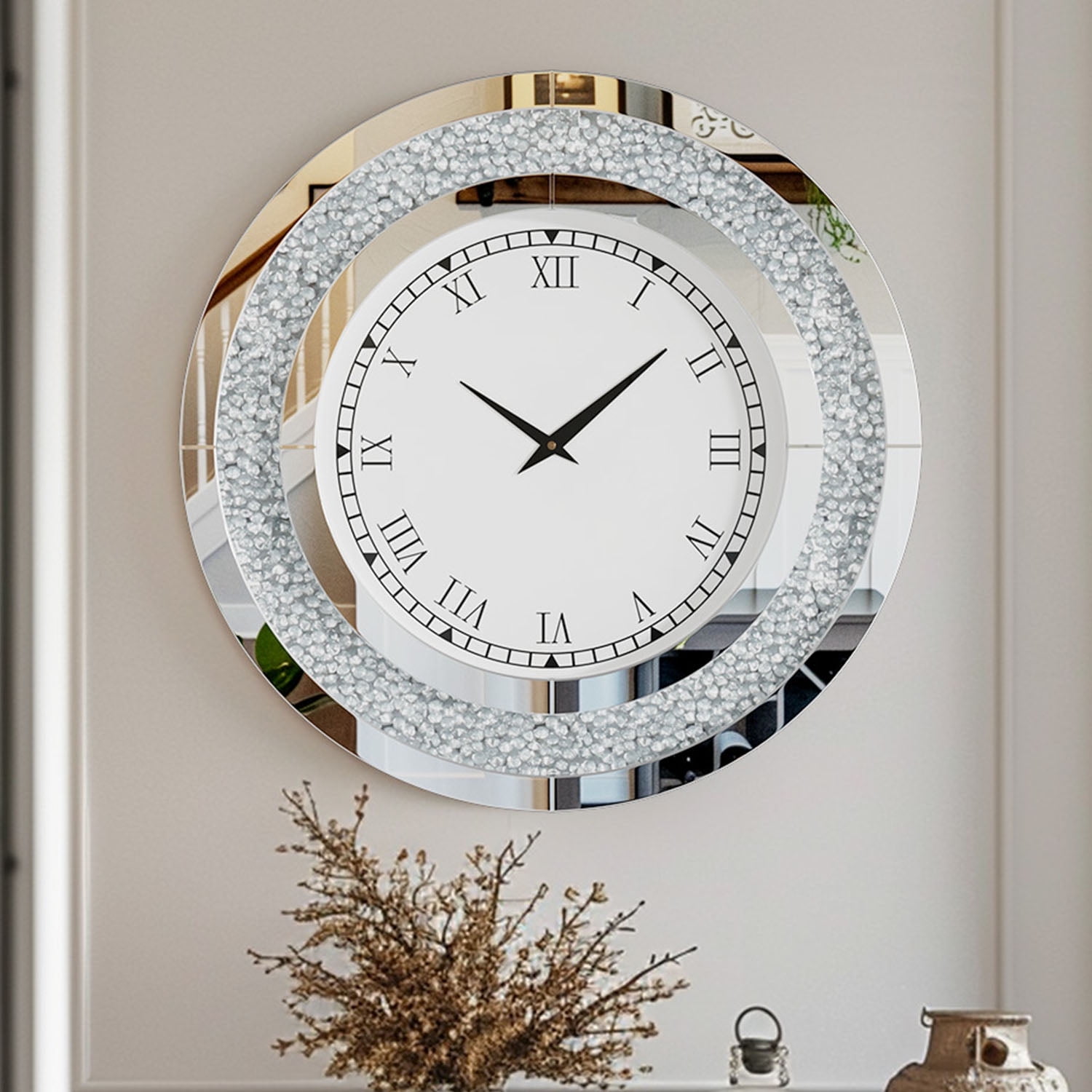 LUVODI 24 inch Rround Crushed Diamond Wall Clock Silver Beveled ...