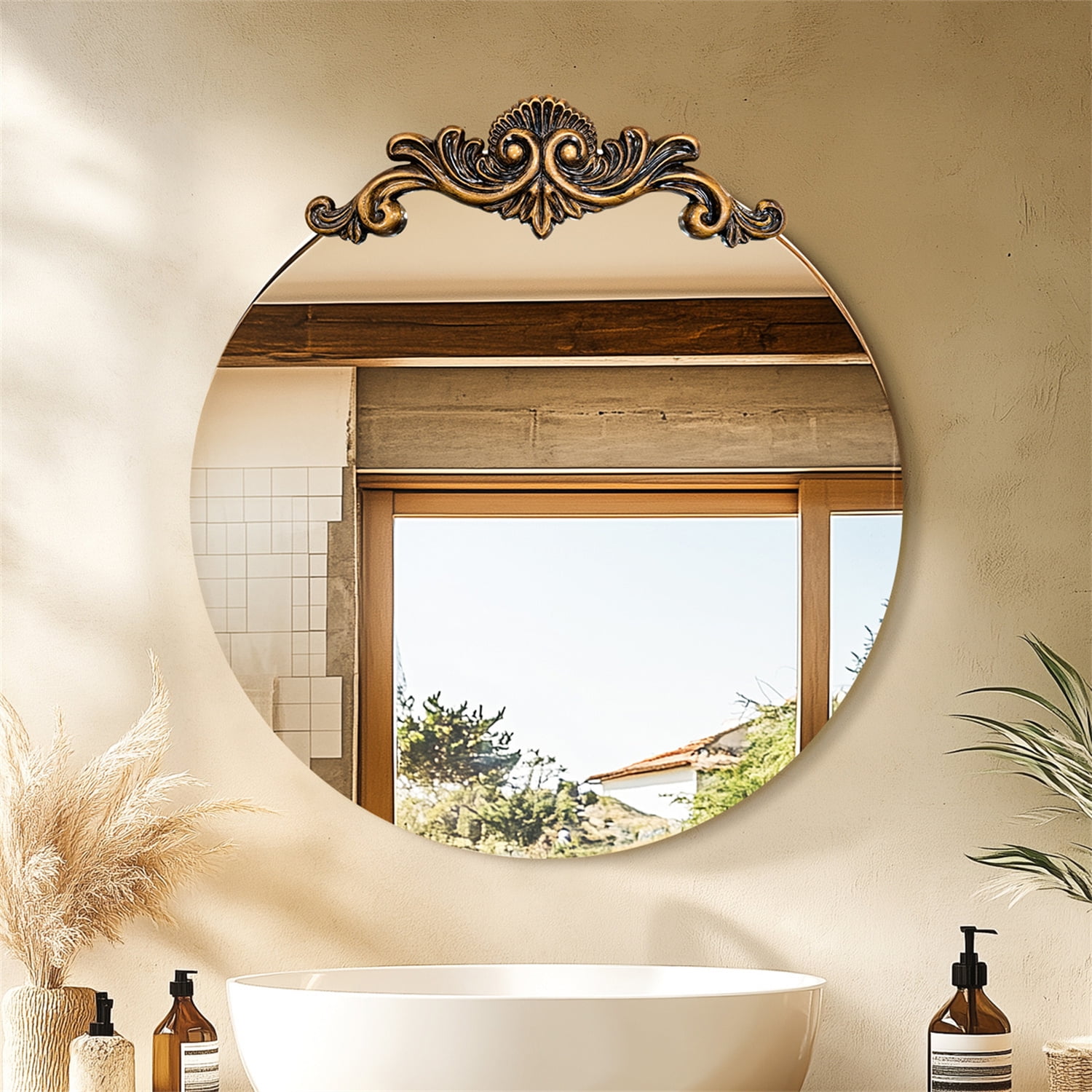 LUVODI 31.50x33.27 inch Baroque Antique Round Mirror Wall Decor ...