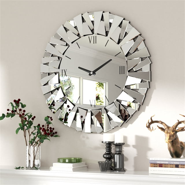 LUVODI 32 Inch Decor Mirror Wall Clock Beveled Glass Edge Wall Mirror ...