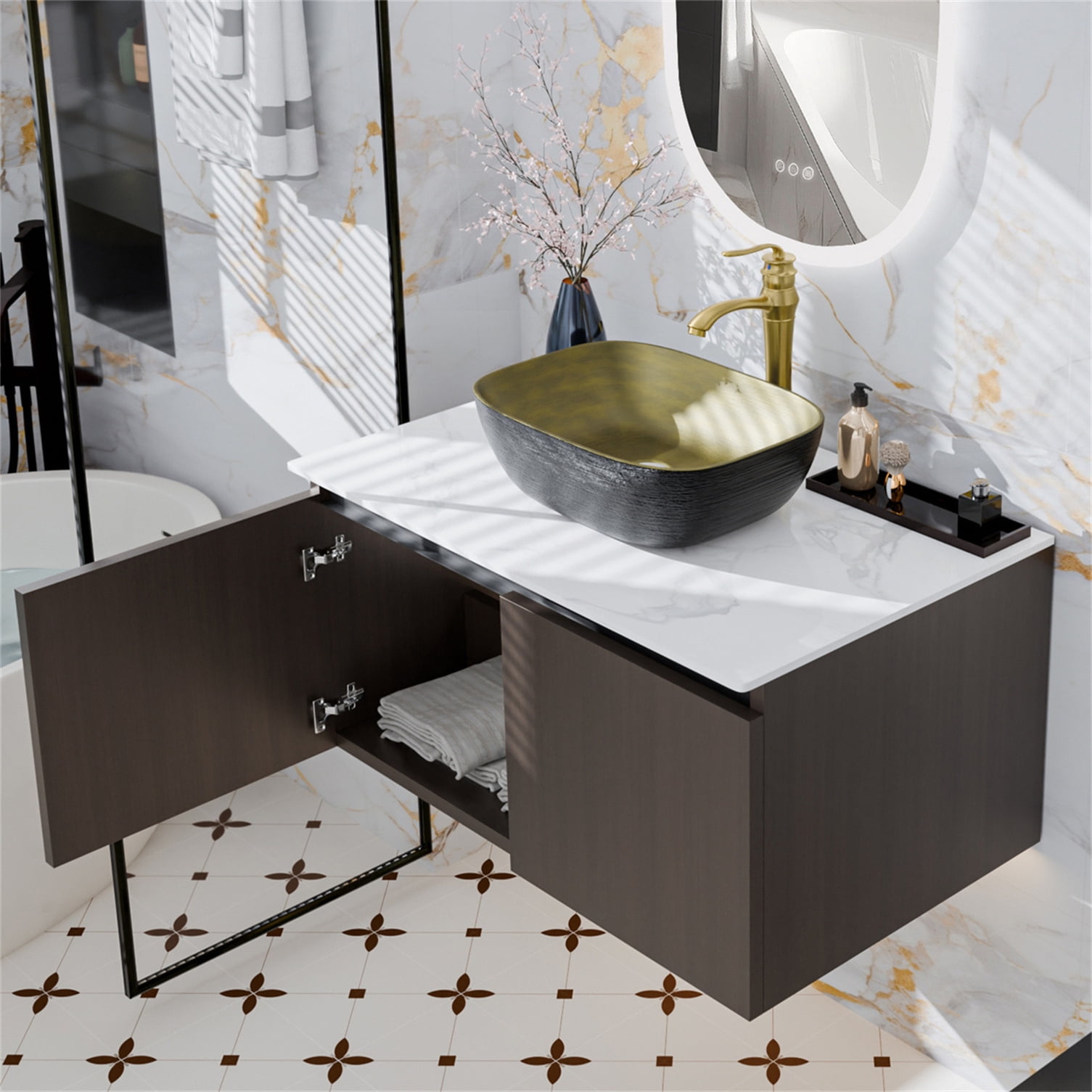 LUVODI 39.37inch Bathroom Wall Hung Vanity Unit Sink Cabinet Wash Basin Sink Storage Drawer ...