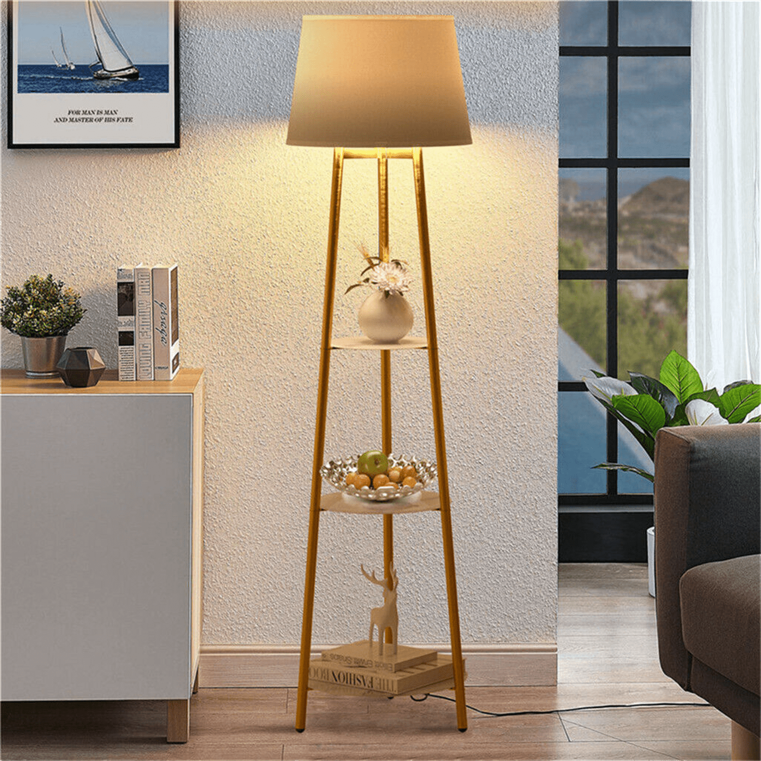 LUVODI 62.4 inch Tall LED Floor Lamp with Shelves and Fabric Shade ...