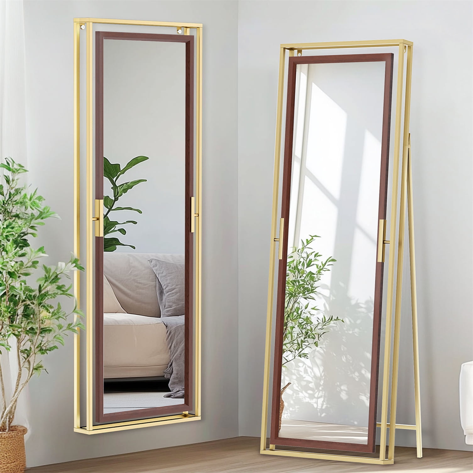 LUVODI 63" x22" Full Length Mirror with Metal Stand Brown & Matte Gold ...