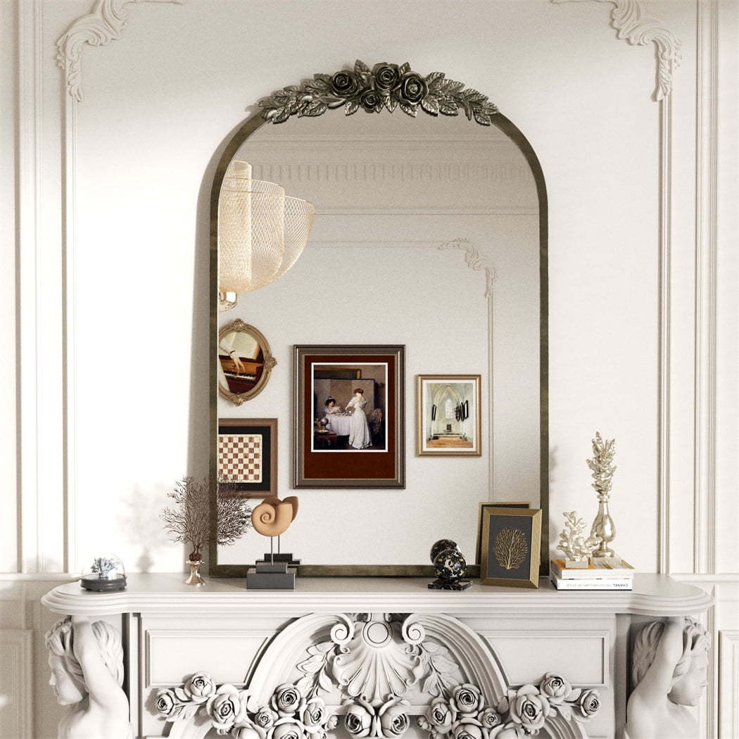 LUVODI Arched Antique Brass Wall Mirror Metal Frame Adorned with Resin ...