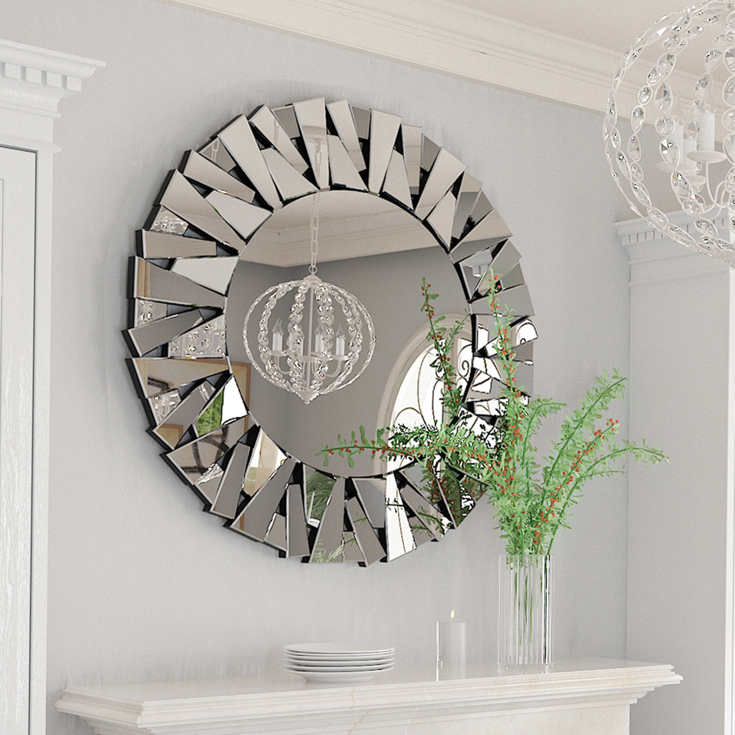 SHYFOY Jeweled Accent Wall Mirror 33.85 Inches Round Sparkly Decorative ...