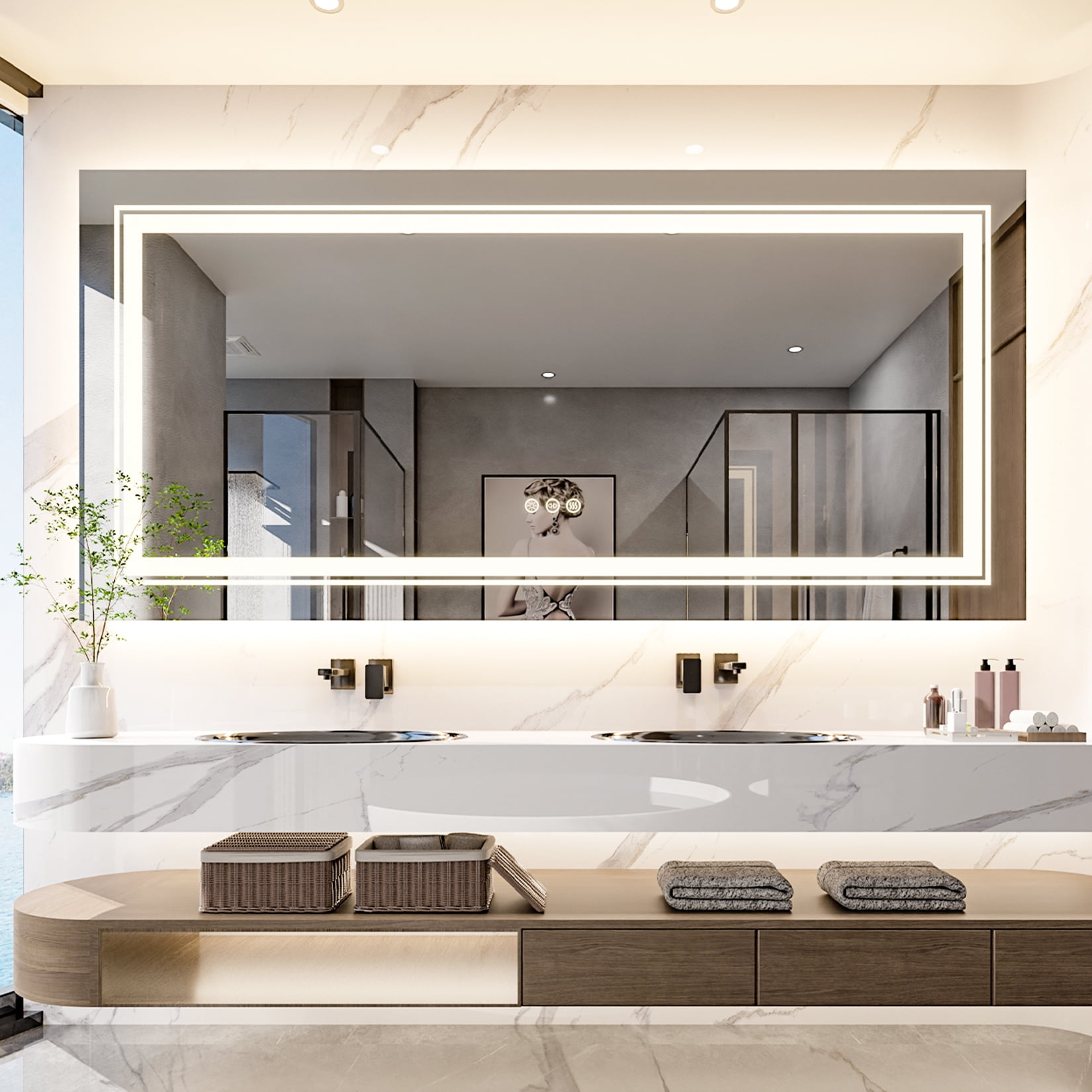 LUVODI Dimmable LED Bathroom Mirror with Front Backlit Lighted Anti-Fog Wall Mounted Mirror ...