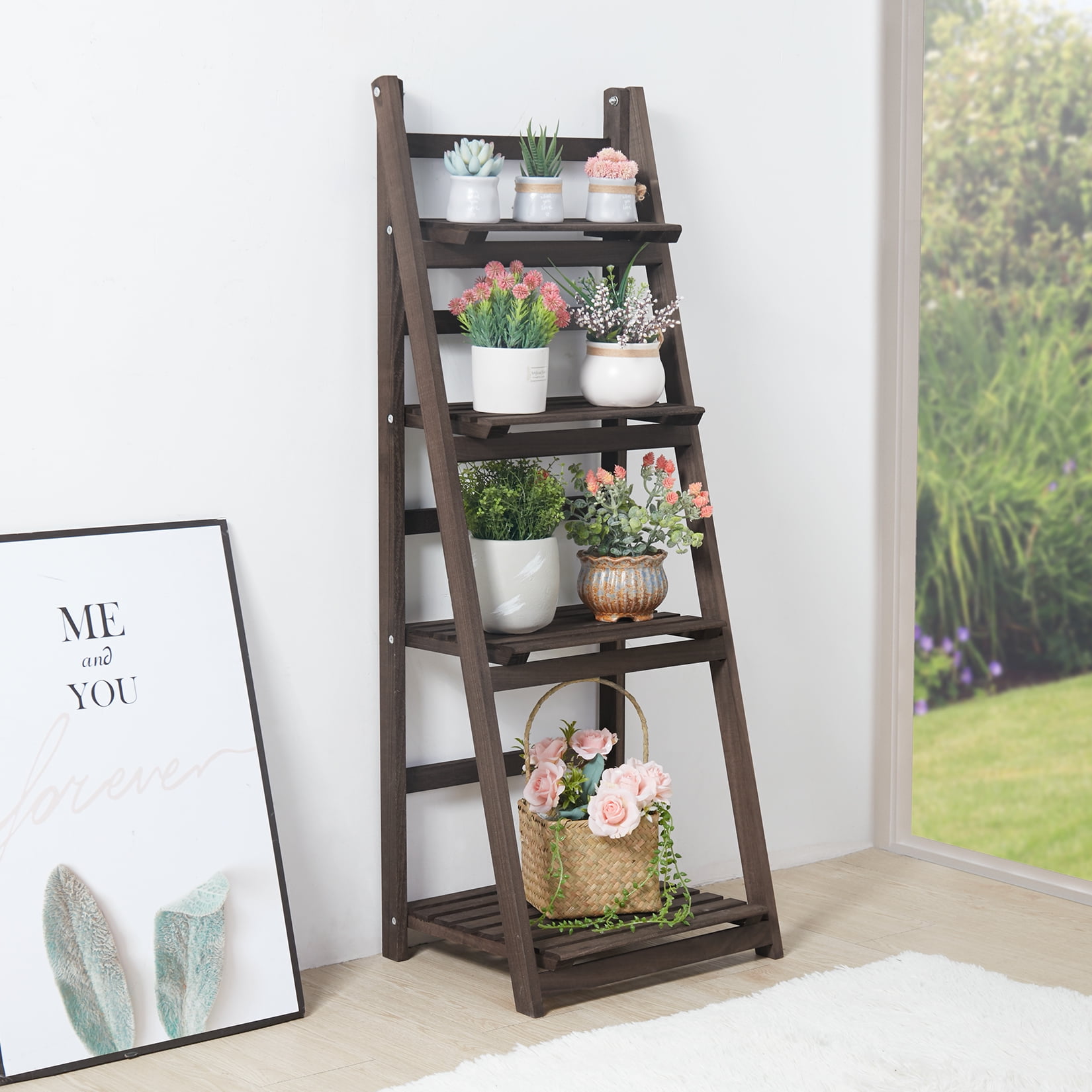 LUVODI Folding 4 Tier Ladder Shelf Storage Shelving Unit Wooden ...