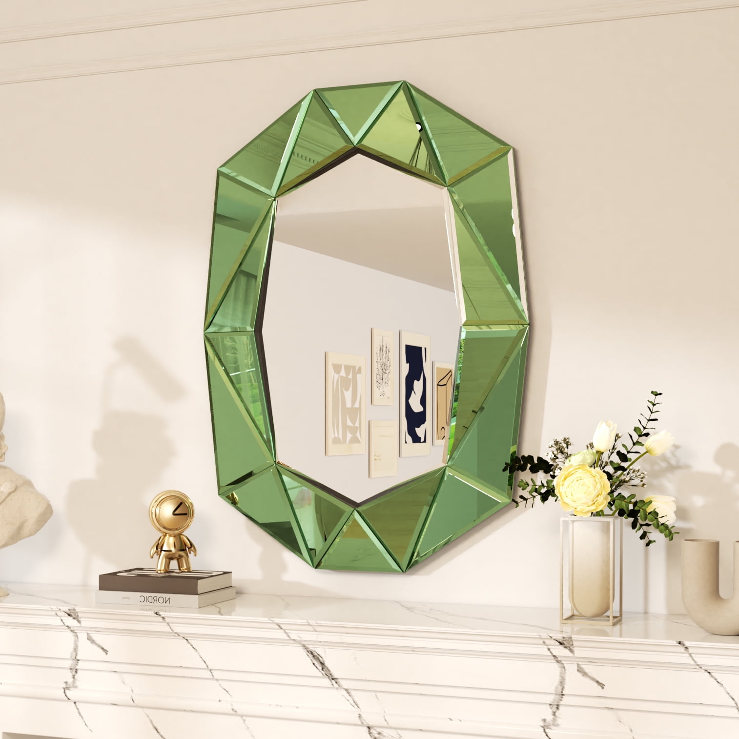 LUVODI Geometric Mirror Wall 28 x 39 inch Art Mirror Green 3D Glass ...