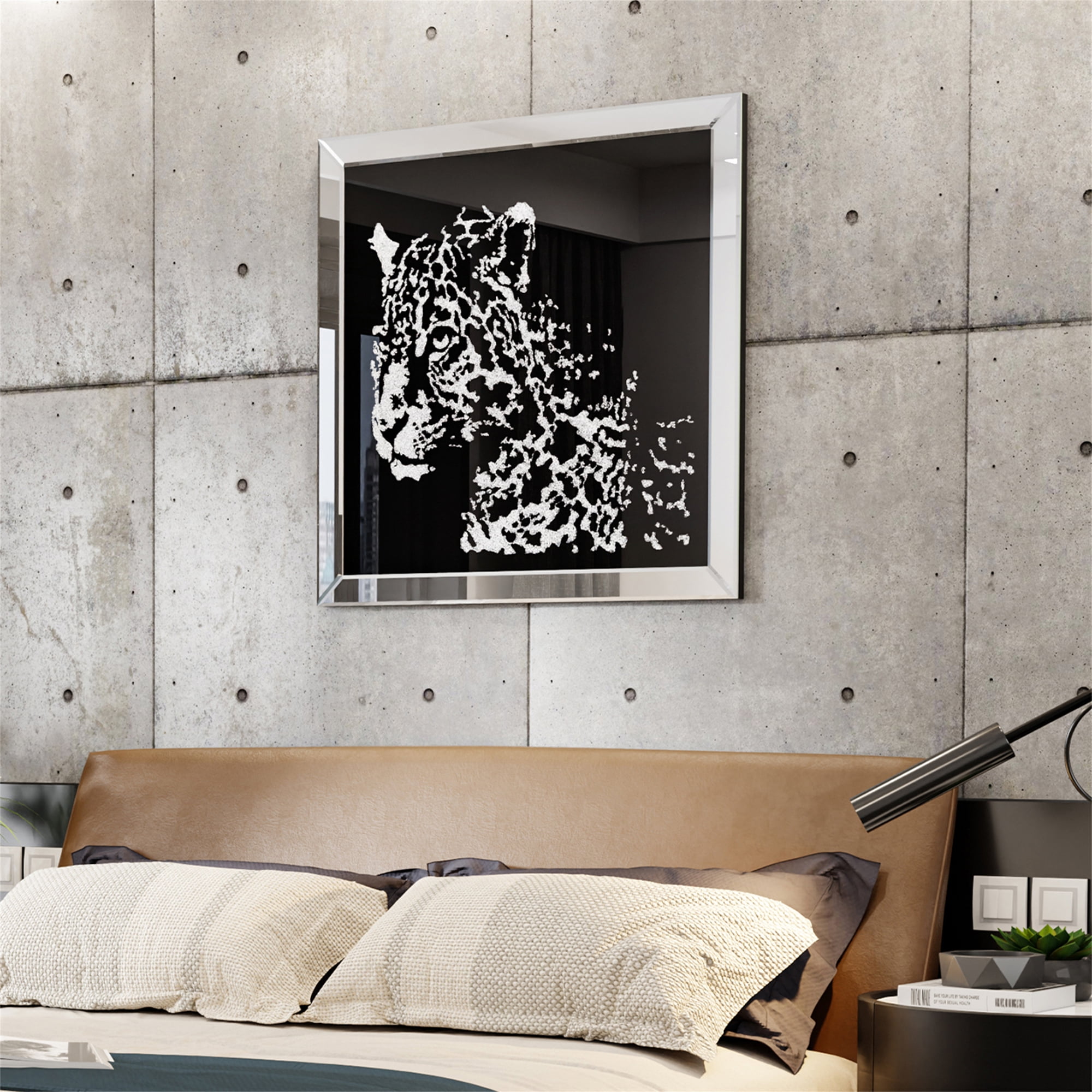LUVODI Glass Wall Mirror 24in Leopard Painting Mirrored with Crushed Diamond Beveled Edg for ...