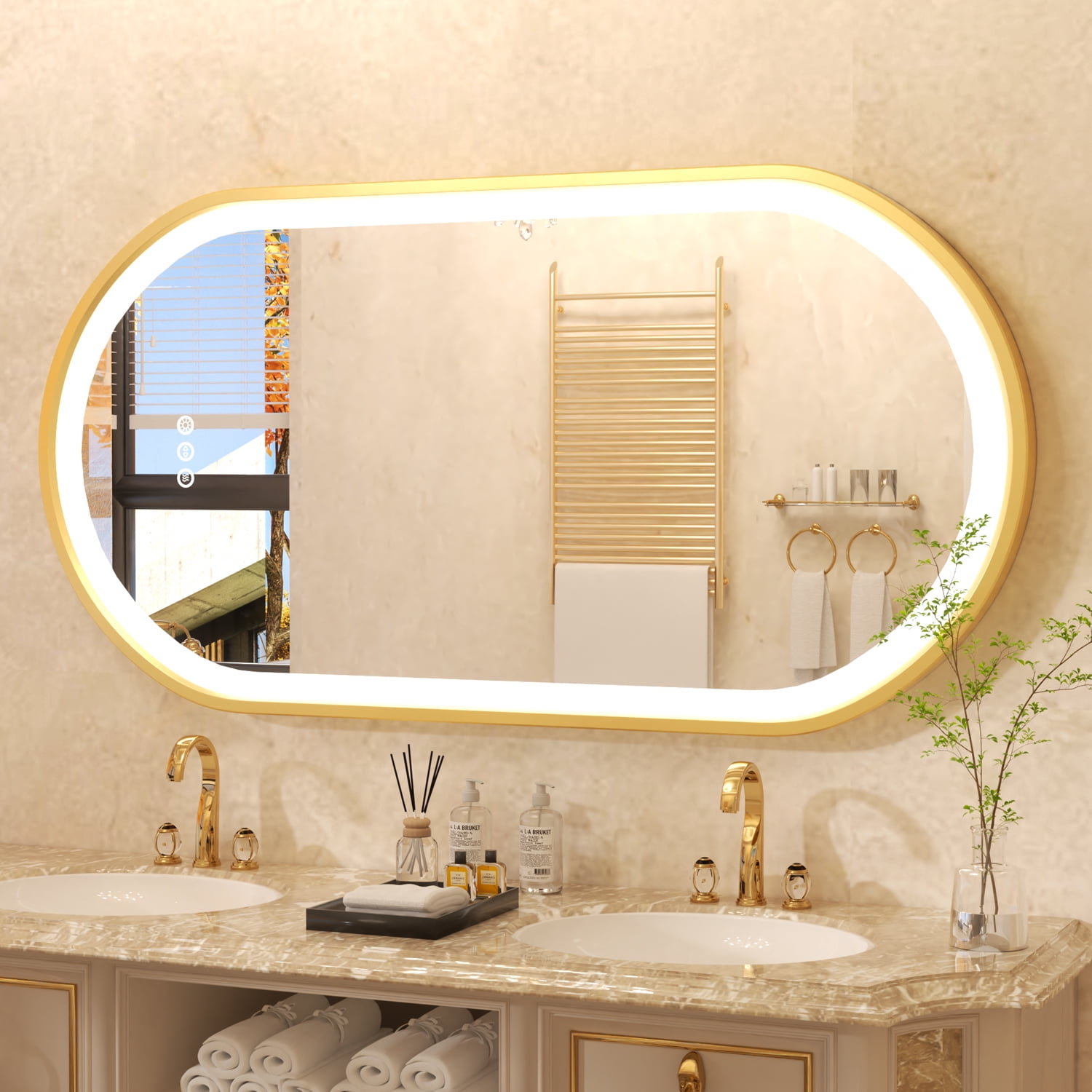 Luvodi Led Lighted Bathroom Mirror Gold Aluminum Frame Anti Fog