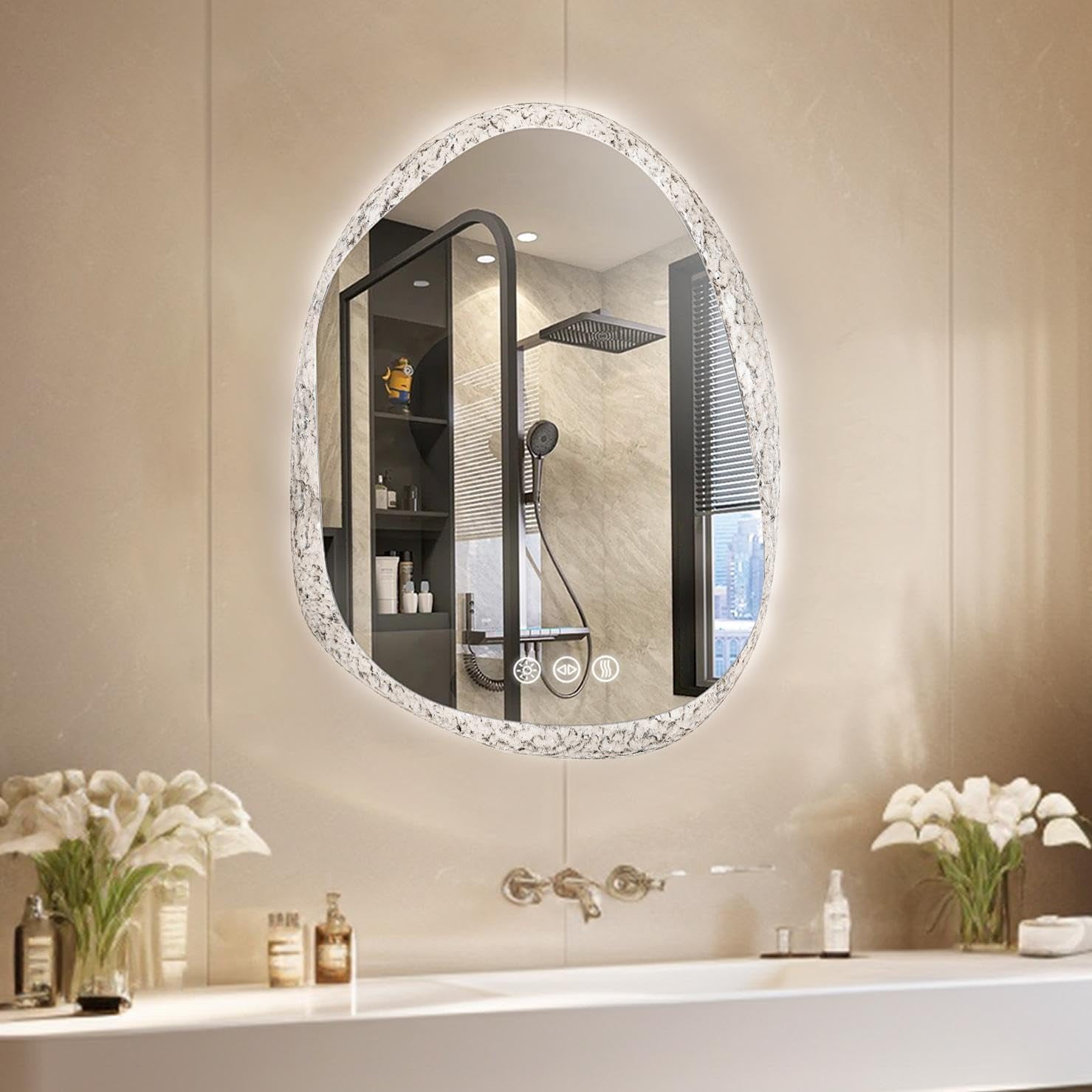 LUVODI Lighted LED Bathroom Mirror: 28”x20”Irregular Stone Pattern ...