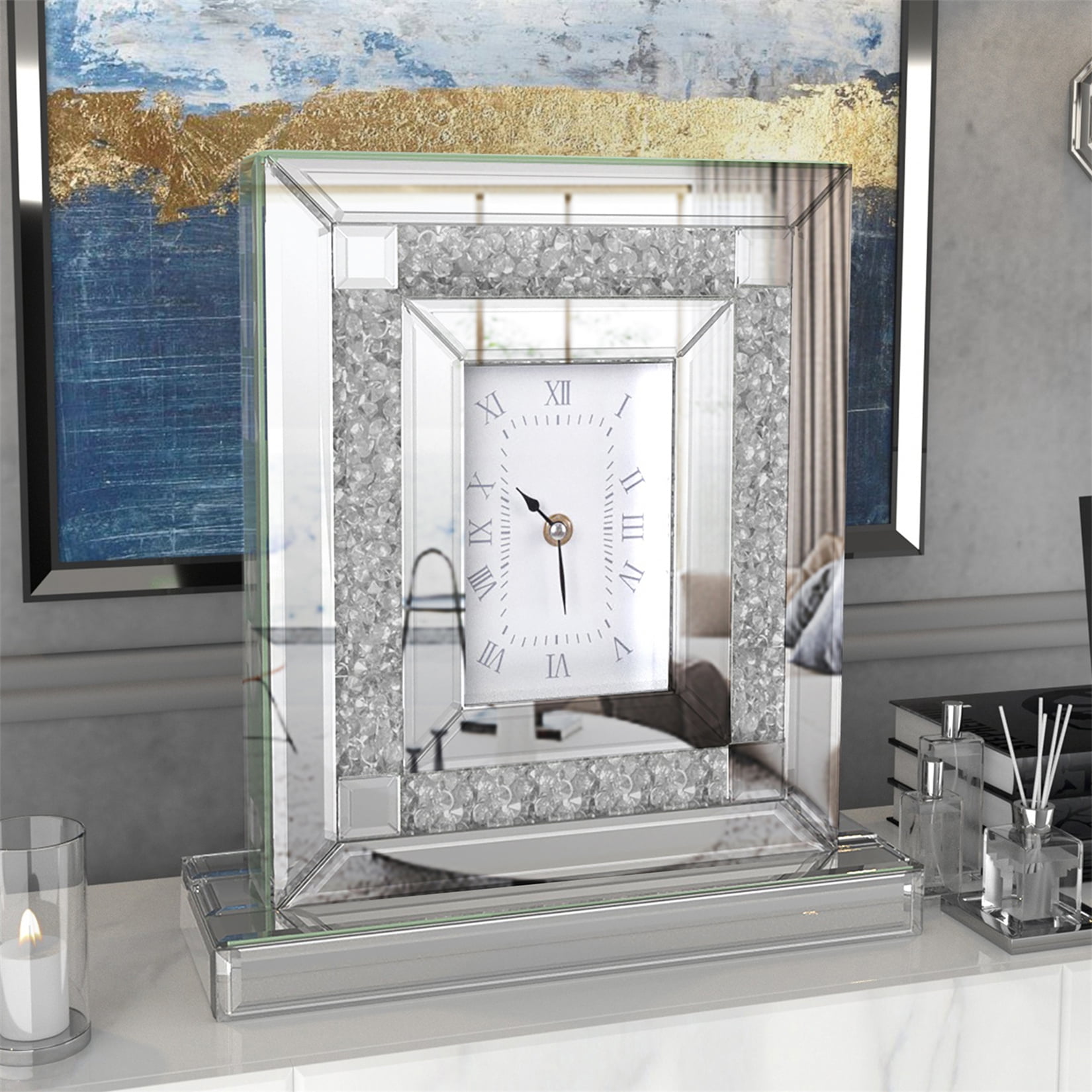 LUVODI Luxury Crushed Diamond Mirrored Desk Clock Glass Edge Frame ...
