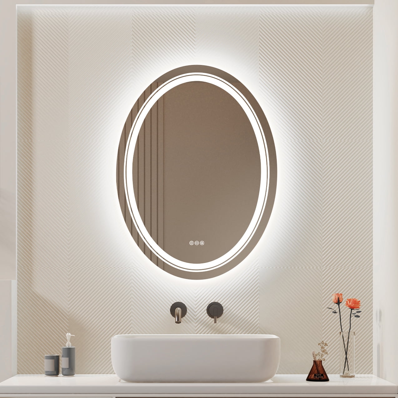 LUVODI Modern Dual-LED Oval Bathroom Mirror Anti-Fog Dimmable Wall Mounted Vanity Mirror 28x20 ...