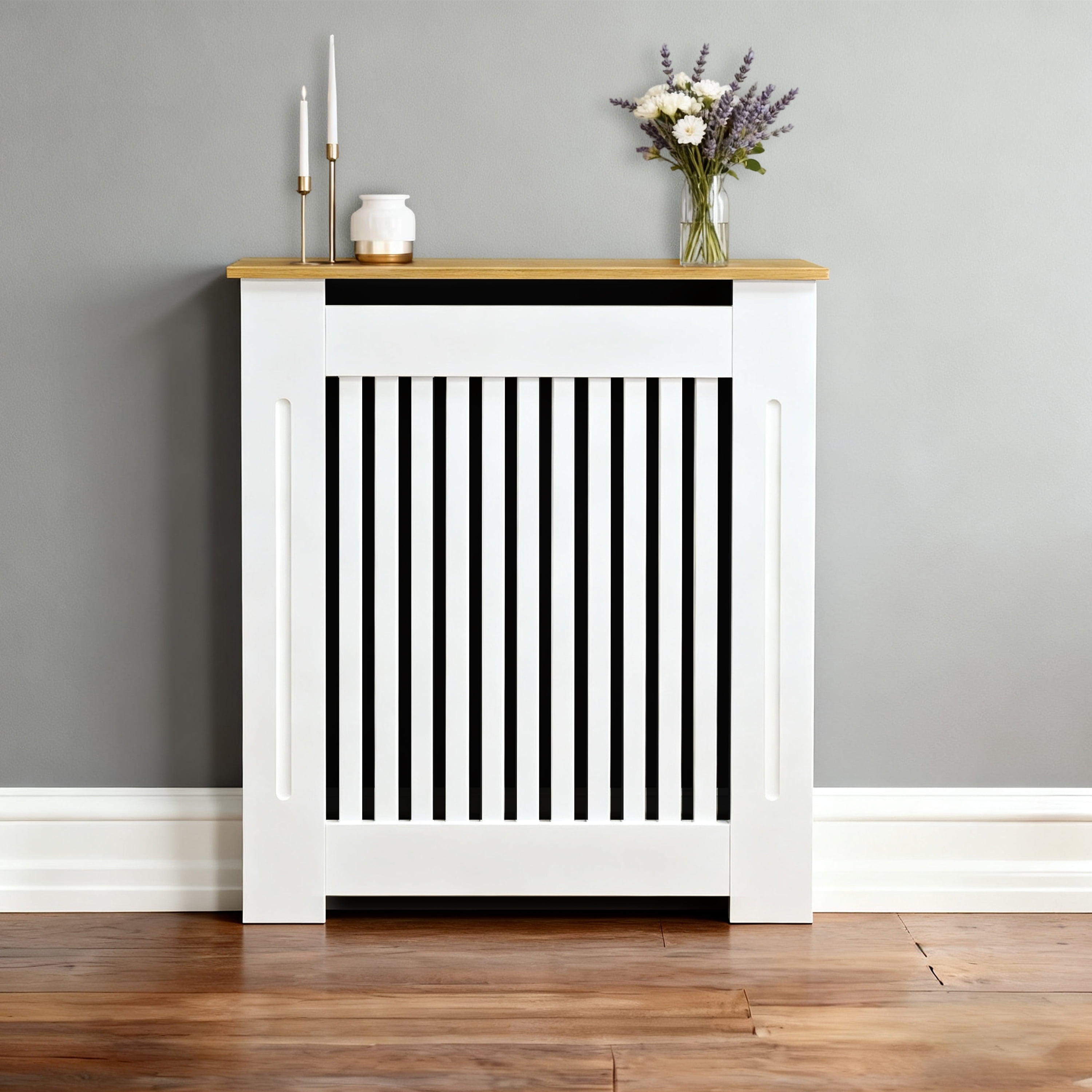 LUVODI Modern Slatted Vertical White Radiator Cover With Wood-grain Top ...
