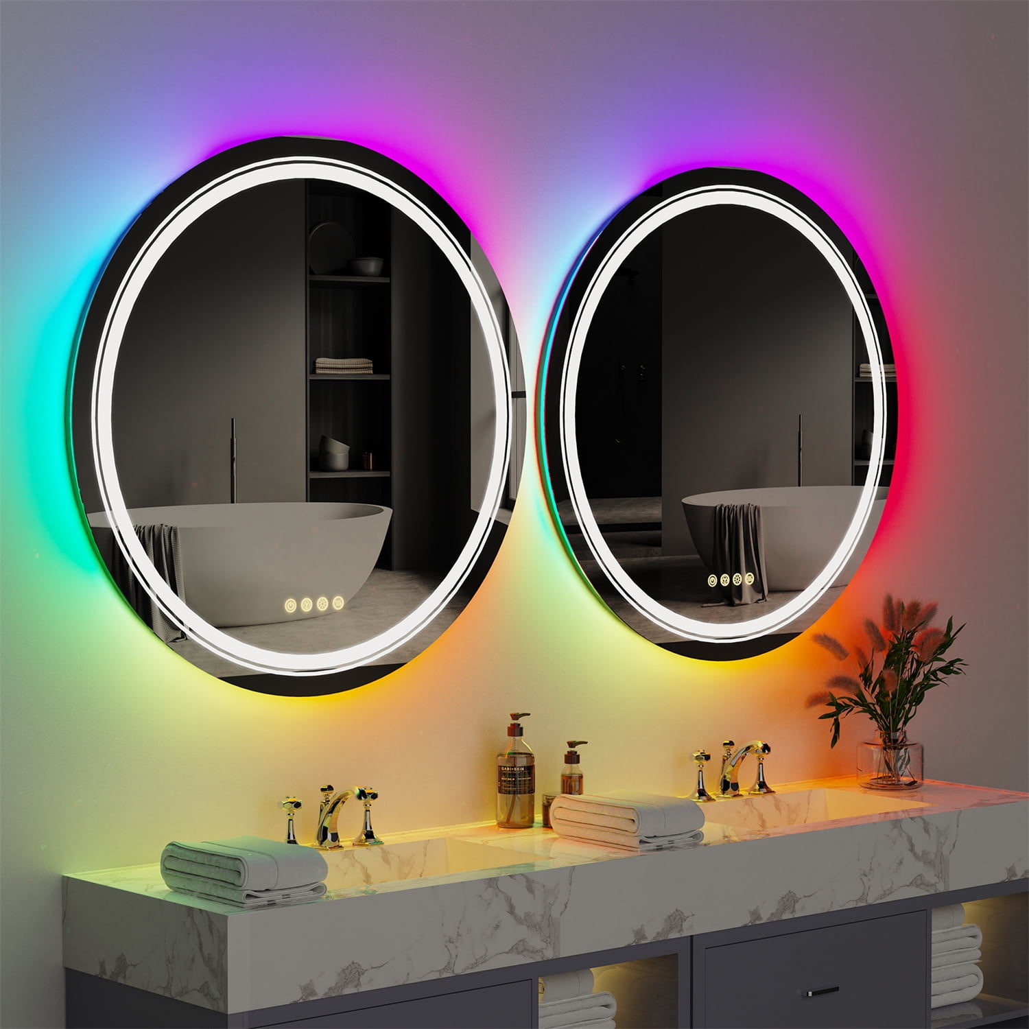 LUVODI Round Illuminated Bathroom Mirror RGB Backlit 7 Colors Dimmable ...
