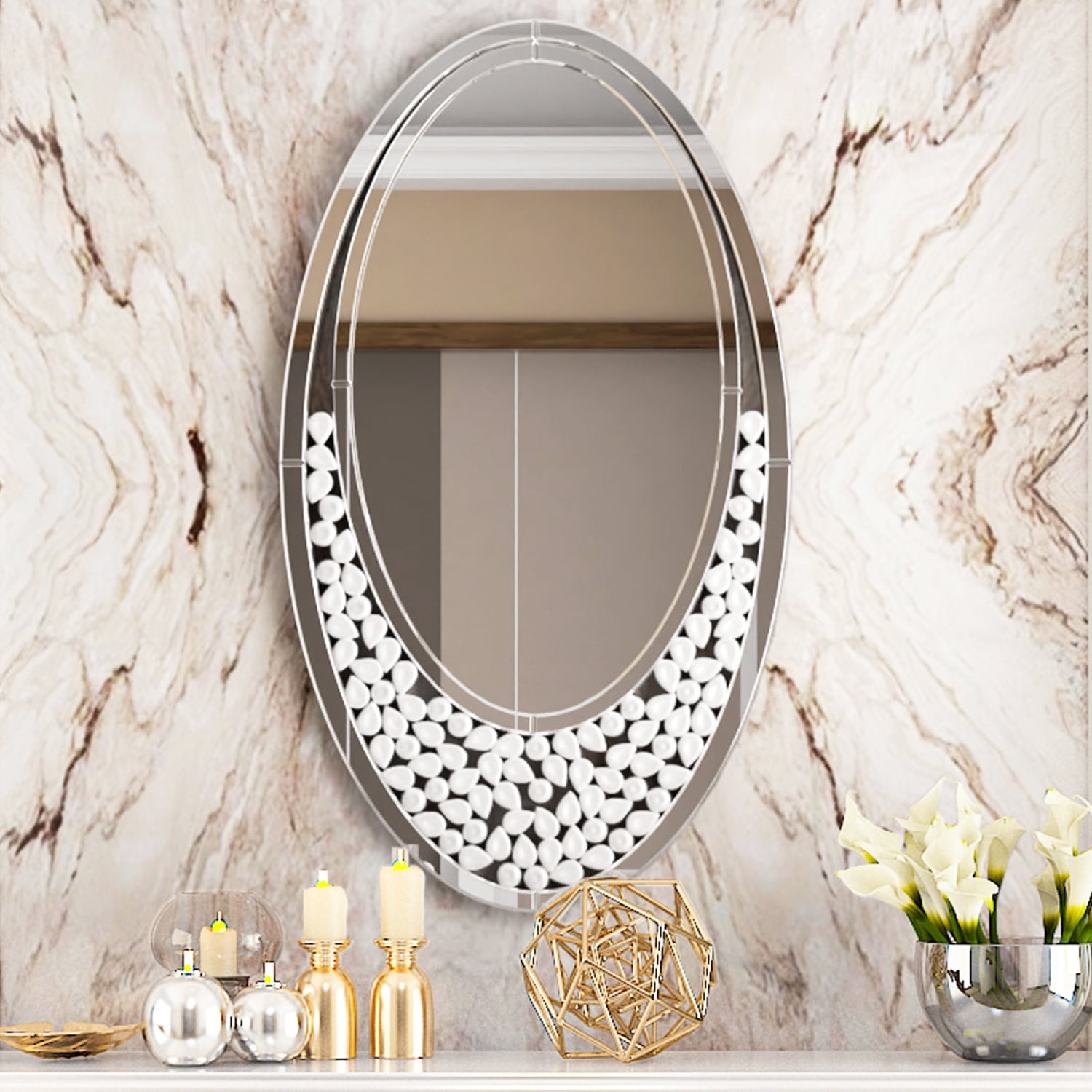 LUVODI Wall Art Mirror Oval Vanity Mirror with Bling Effect Silver Home ...