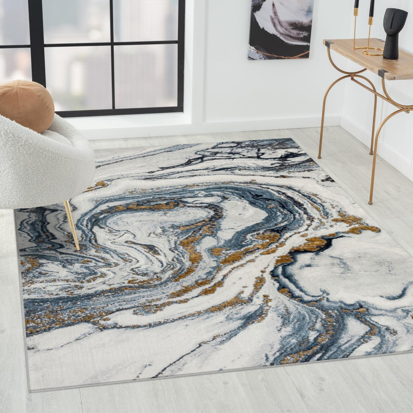 LUXE WEAVERS Marble Effect Abstract Blue 4x5 Area Rug for Living Room ...