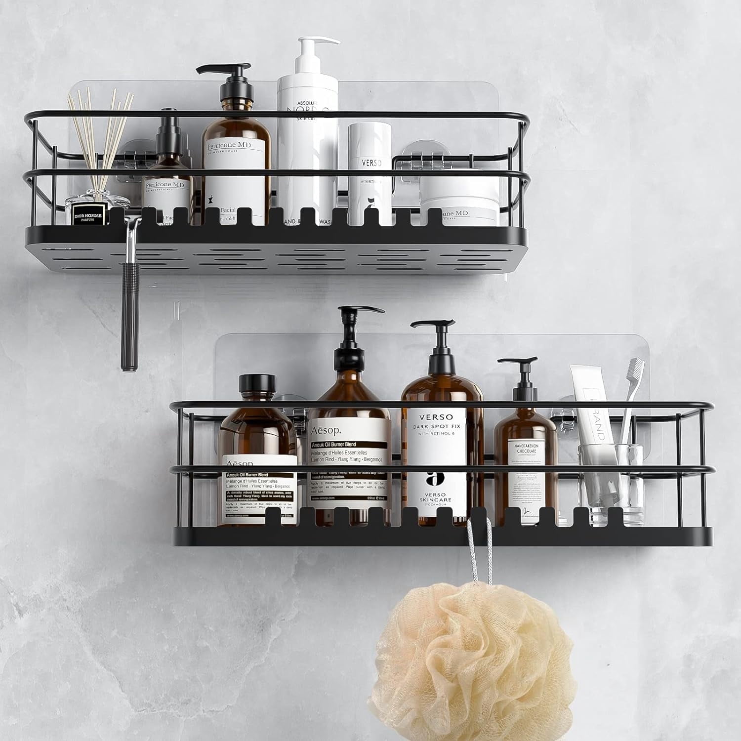 LUXEAR Shower Caddy 2 Pack, Adhesive Shower Basket with 22 Hooks Rack ...