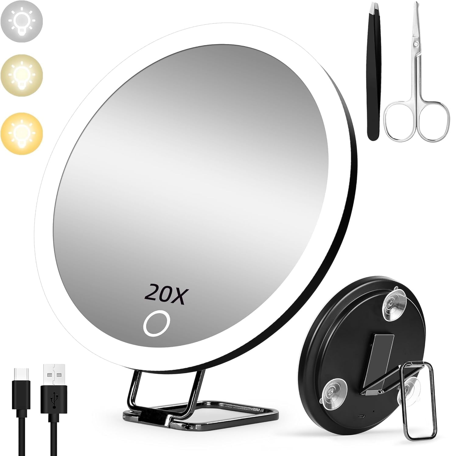 LUXERAD 20x Magnifying Mirror with Light – Large 6" Rechargeable ...