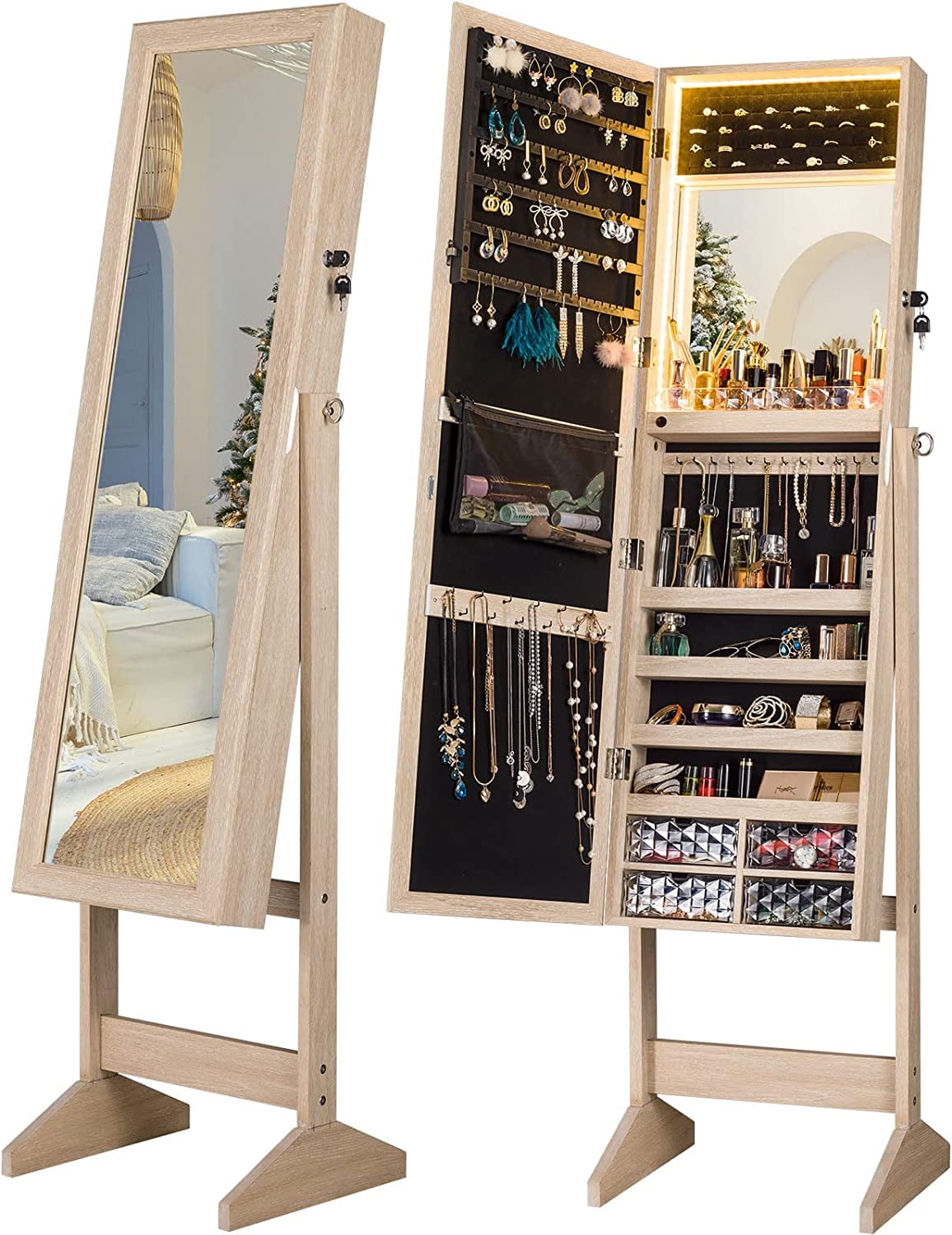 LUXFURNI 62.6" Standing Mirror with Storage, LED Light Mirror Jewelry ...