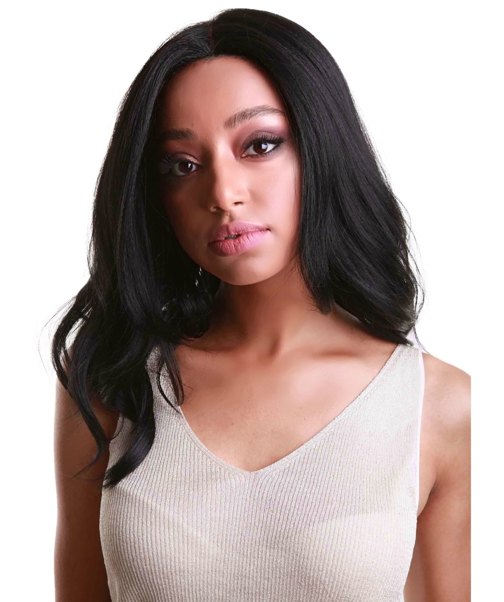 LUXLUXE Cleo Wavy Layered 21 in Long 4X4 Hand Tied Lace Front Wig, Heat Resistant Fibers,Black ...