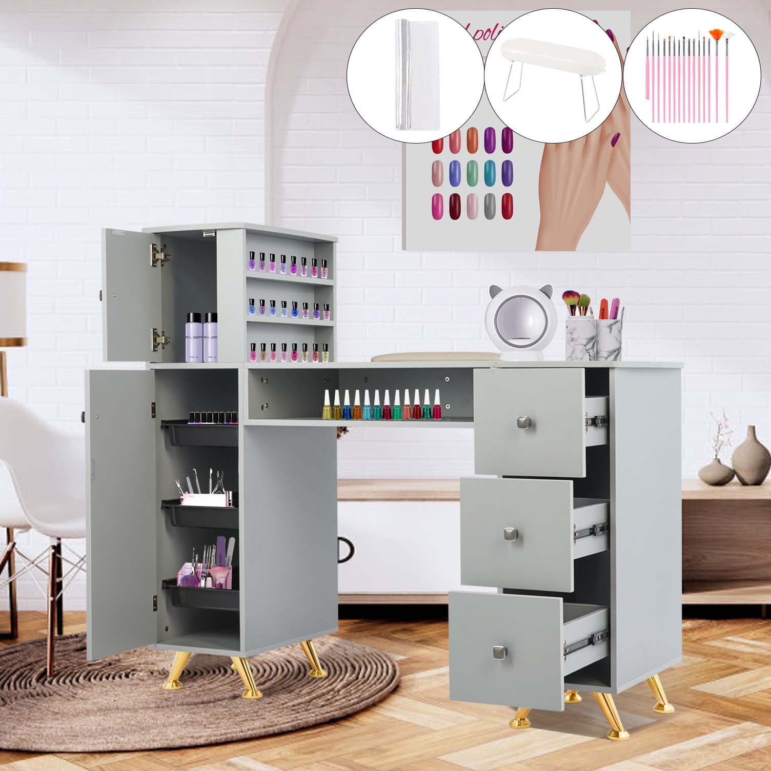 Manicure Table Nail Desk for Technician w/Wrist Rest & Plastic Table ...