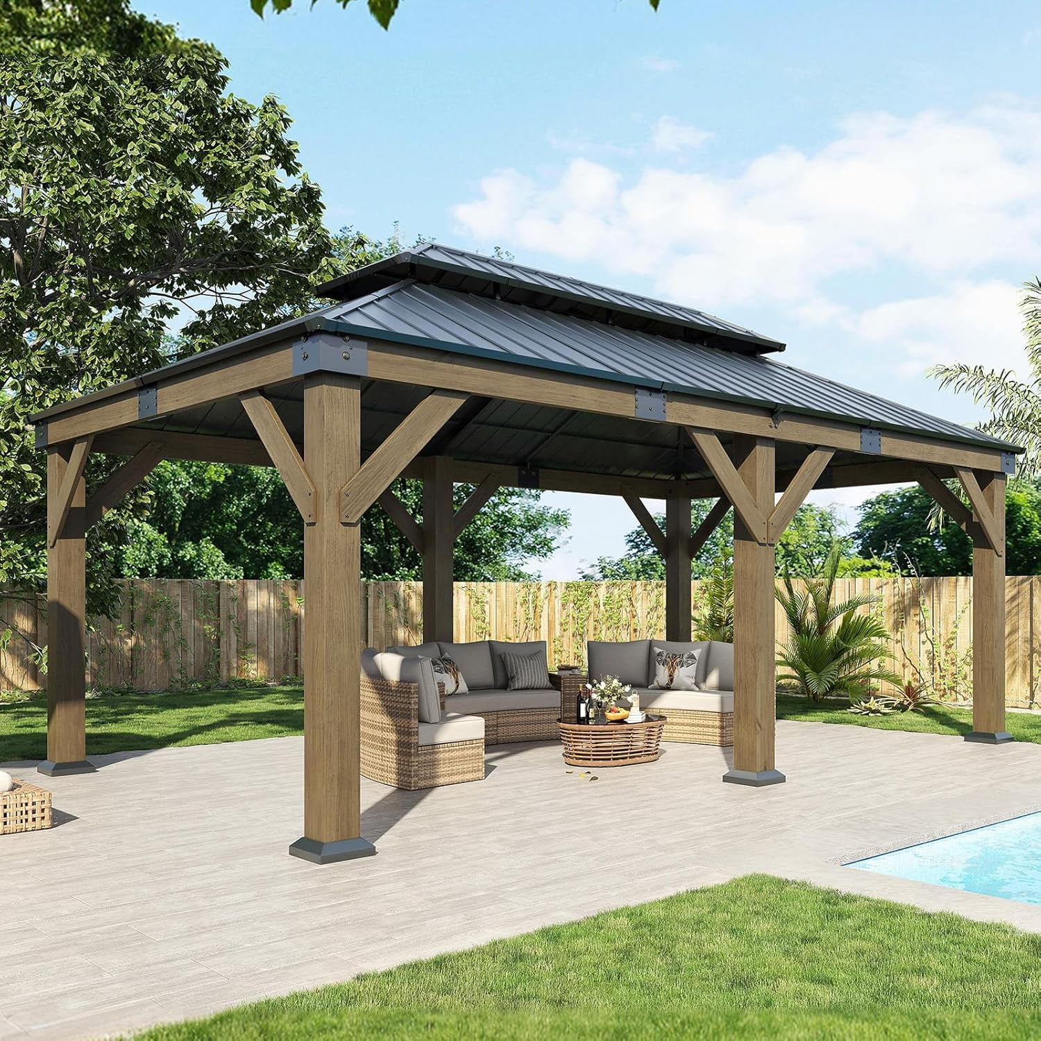LUXOAK 12x20 FT Hardtop Gazebo, Wooden Pavilion with Iron Double Roof ...