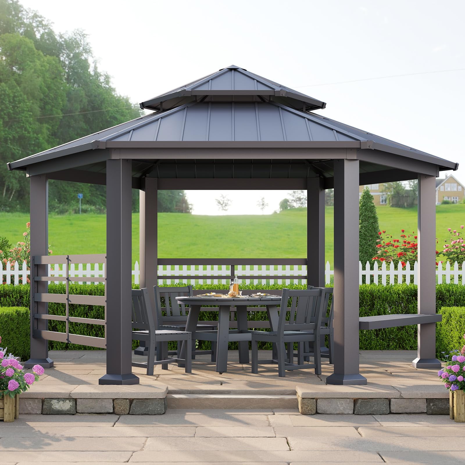 LUXOAK 13x15 FT Hardtop Gazebo, Hexagon Metal Patio Pavilion, Double ...