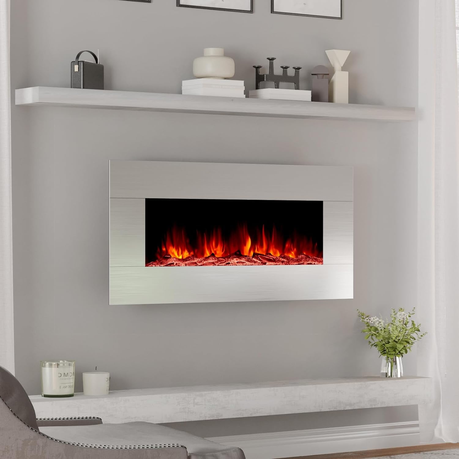 LUXOAK 40" Wall Mount Electric Fireplace, Stainless Steel Wall Hanging ...
