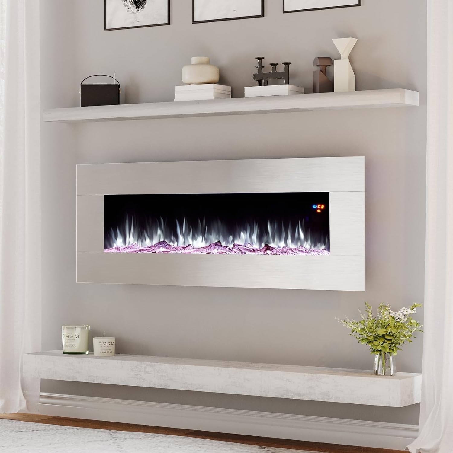 LUXOAK 50" Remote Mountable Wall Electric Fireplace, Stainless Steel ...
