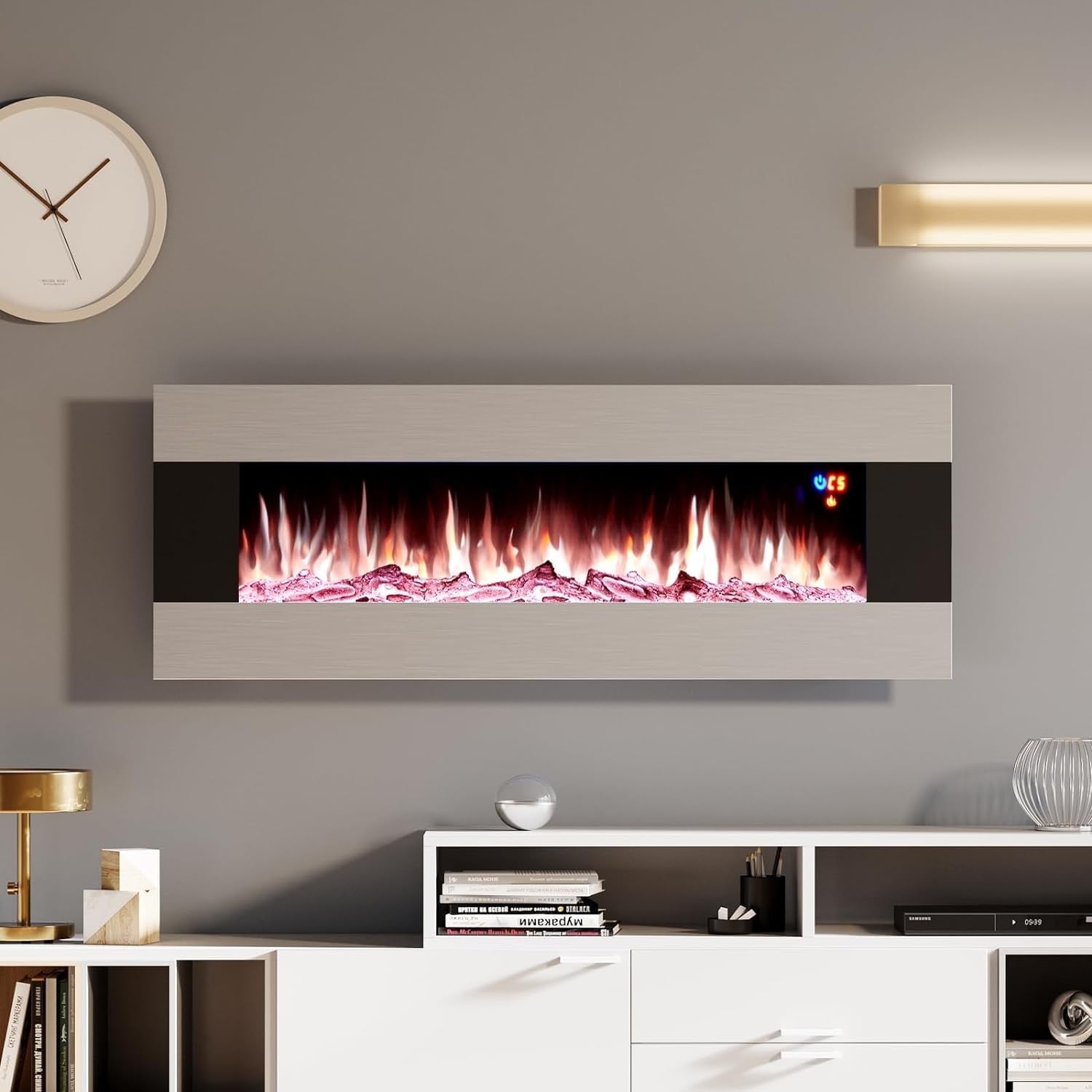 "LUXOAK 50"" Remote Mountable Wall Electric Fireplace, Stainless Steel ...