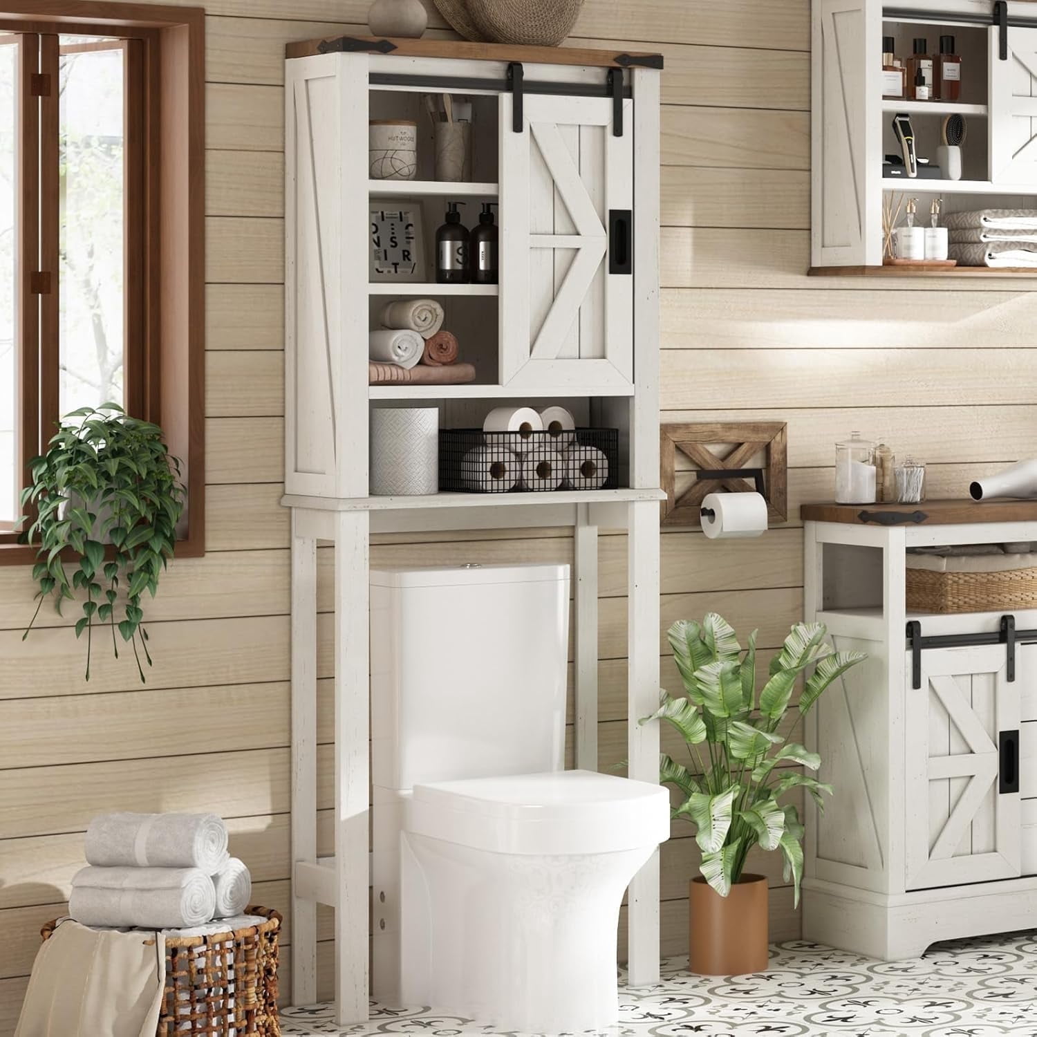 LUXOAK 68" Over Toilet Storage Cabinet, Farmhouse Design with Sliding ...
