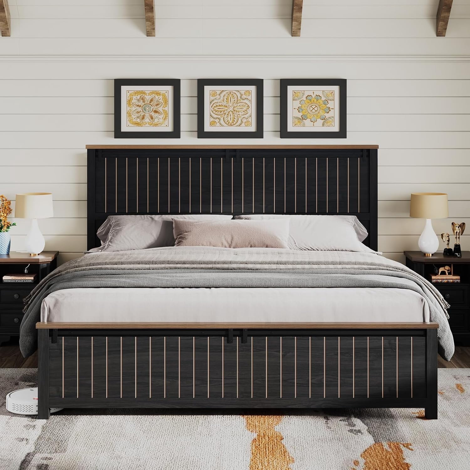 LUXOAK Farmhouse King Size Bed Frame with 47" Headboard, Solid Wood ...