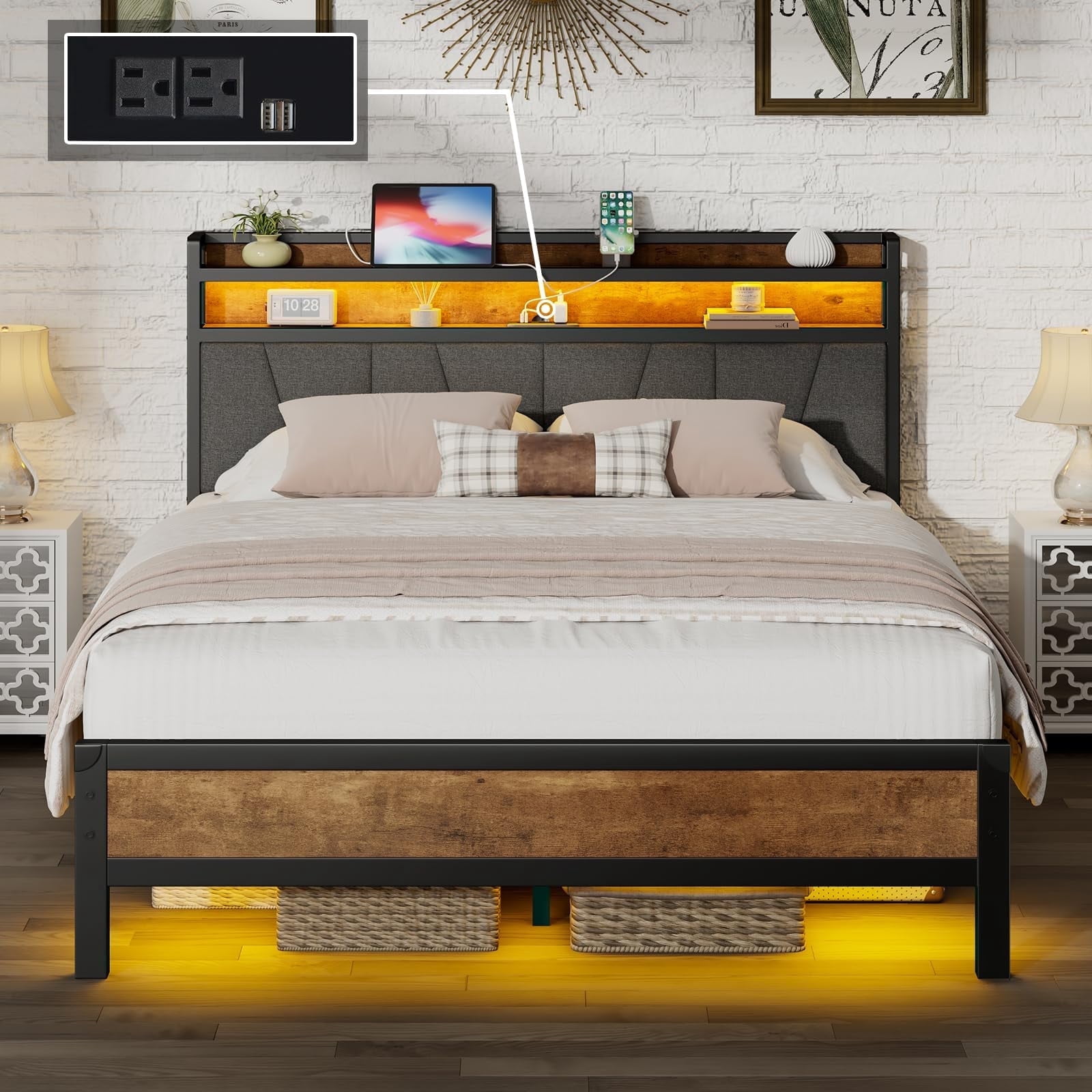 VANACC Full Size Bed Frame with LED Lights and Charging Station ...
