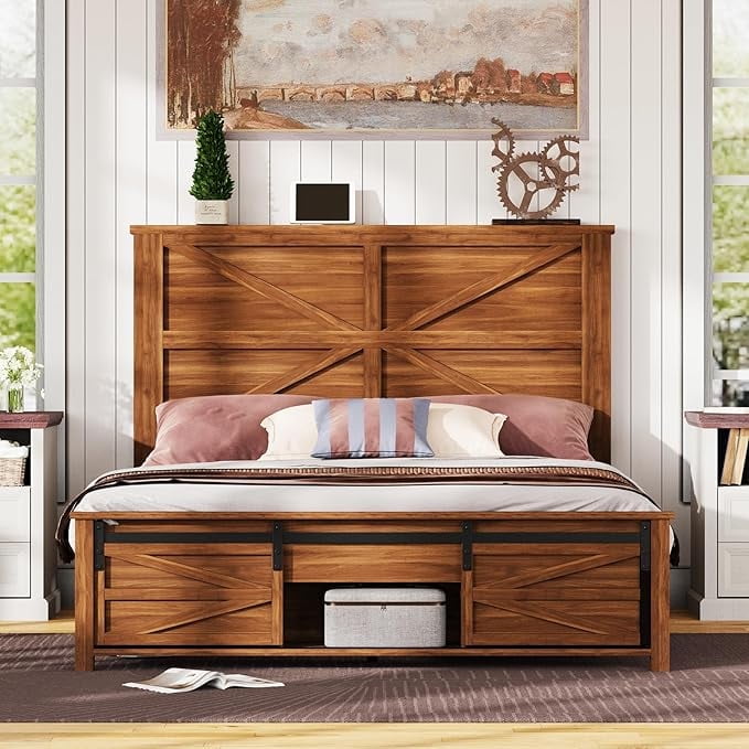 LUXOAK Full Size Farmhouse Wood Bed Frame, No Squeak Design, Wood Slat ...