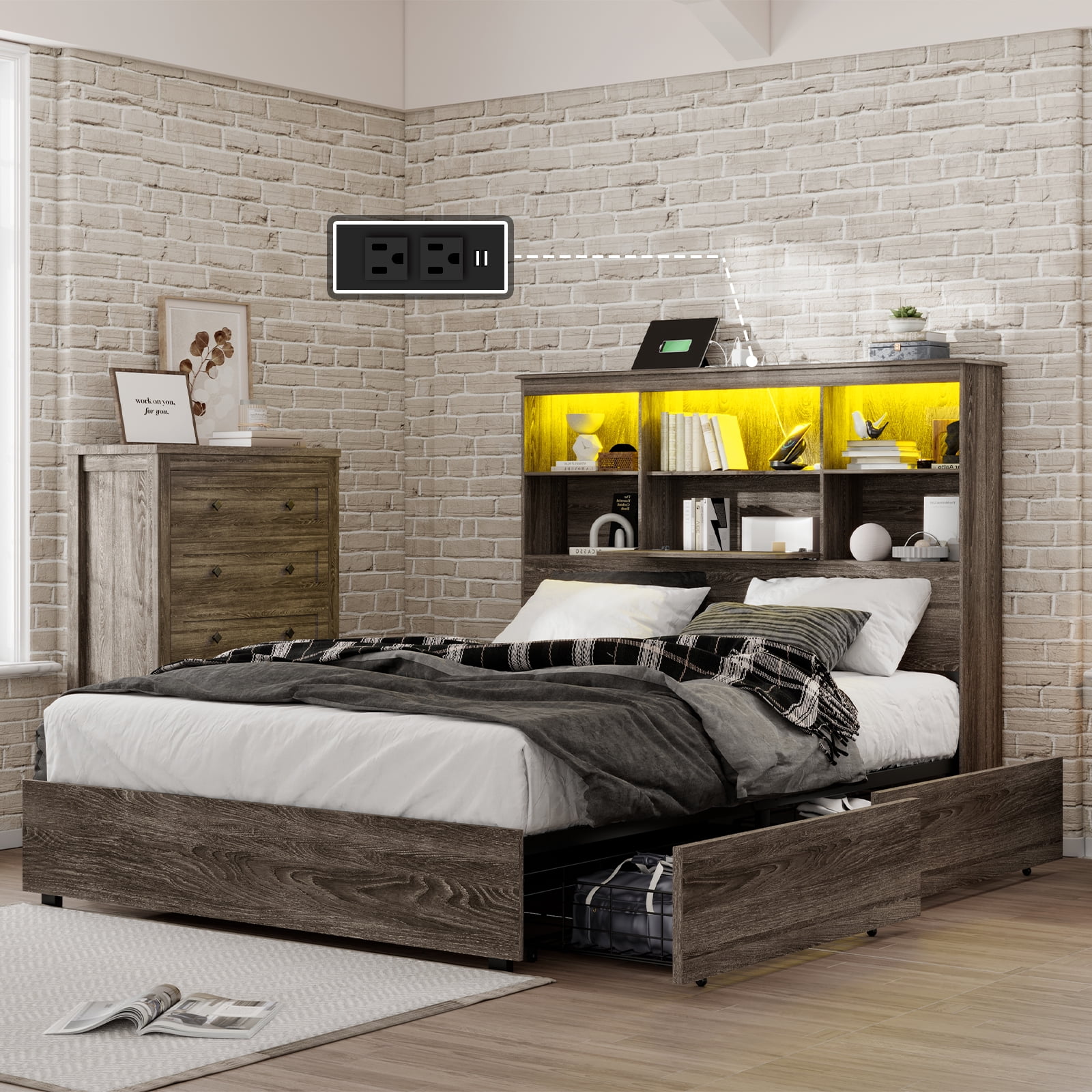 LUXOAK Full Size Wooden Bed Frame with LED Bookshelf Headboard ...