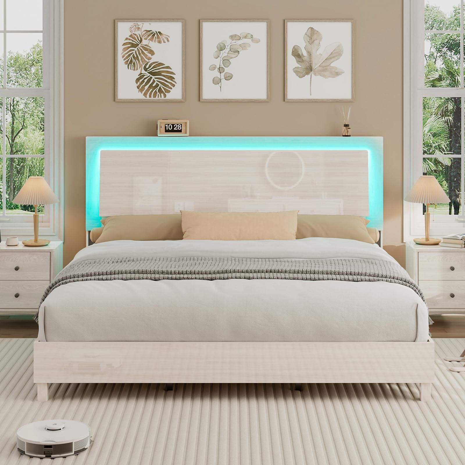 VanAcc High Gloss Bed Frame with LED Headboard, Floating Ergonomic ...