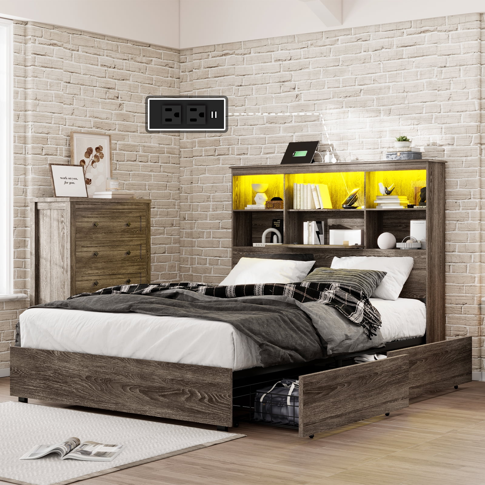 LUXOAK King Size Bed Frame with LED Bookcase Headboard, Wooden Storage ...
