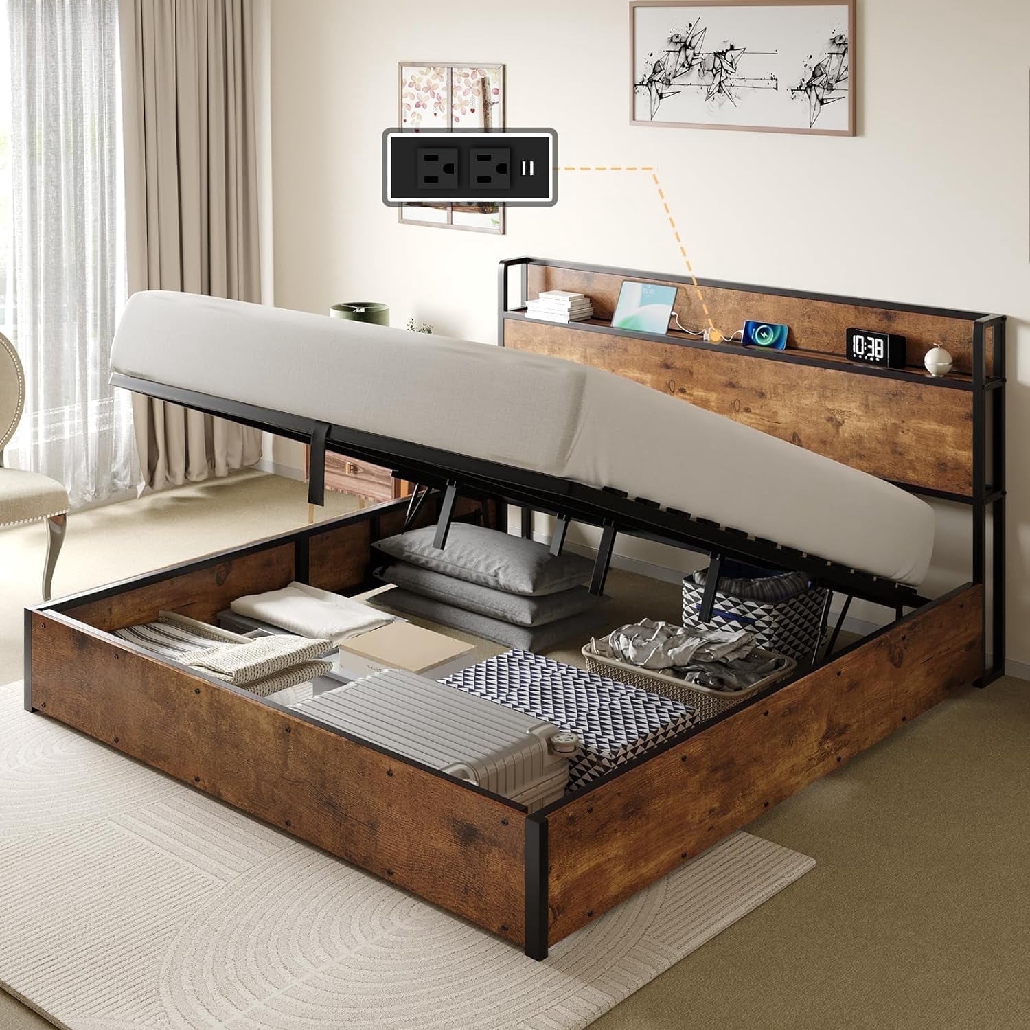 LUXOAK King Size Bed Frame with Lift up Storage Platform and Charging ...