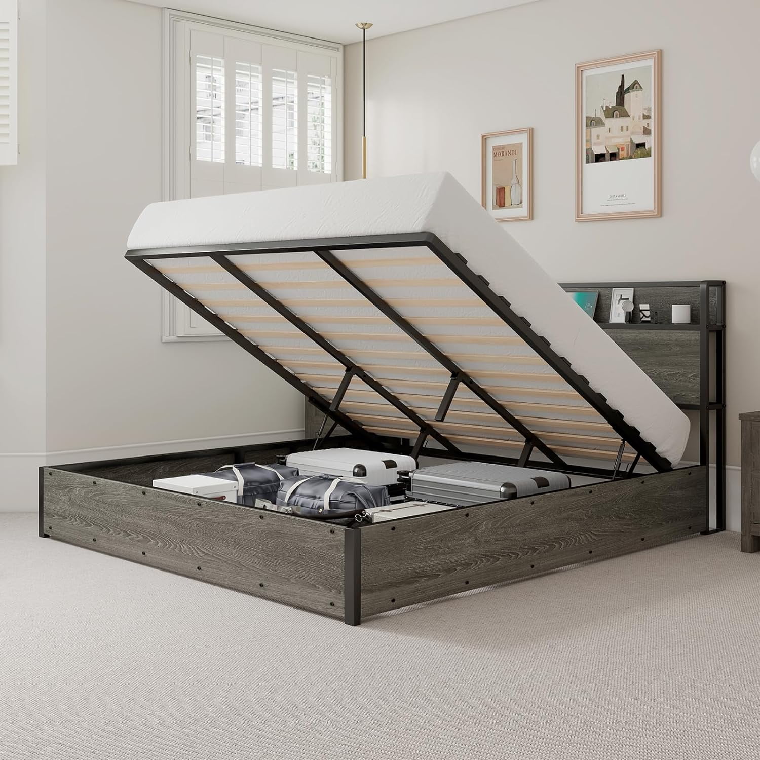 LUXOAK King Size Lift Up Storage Bed, Wood Platform Bed Frame with ...