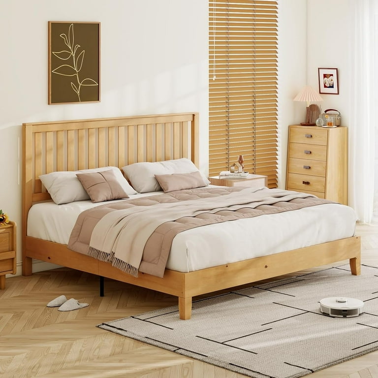 VANACC King Size Solid Wood Bed Frame with Headboard Mid Century Platform Bed with Wood Slat Support No Box Spring Needed Easy Assembly Rustic Pine Walmart