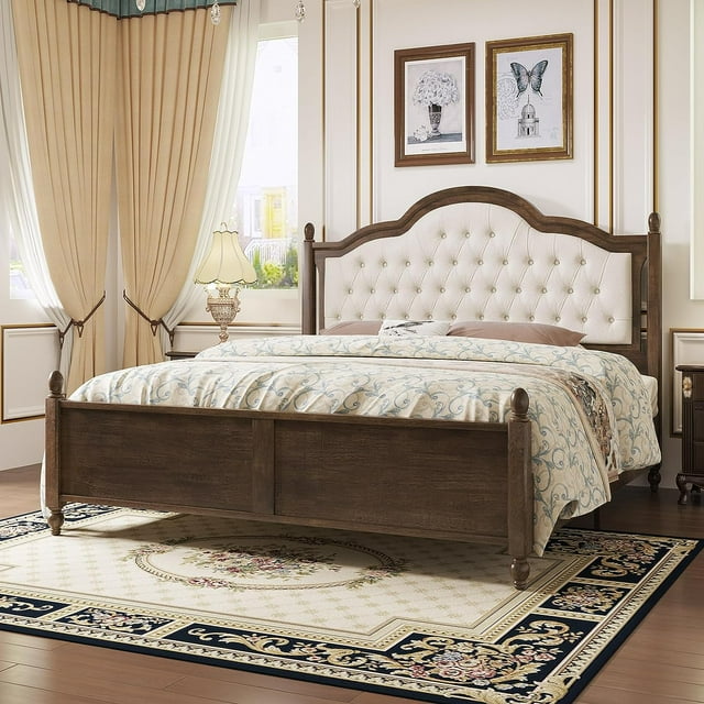 LUXOAK King Solid Wood Bed Frame with Upholstered Headboard, No Box ...