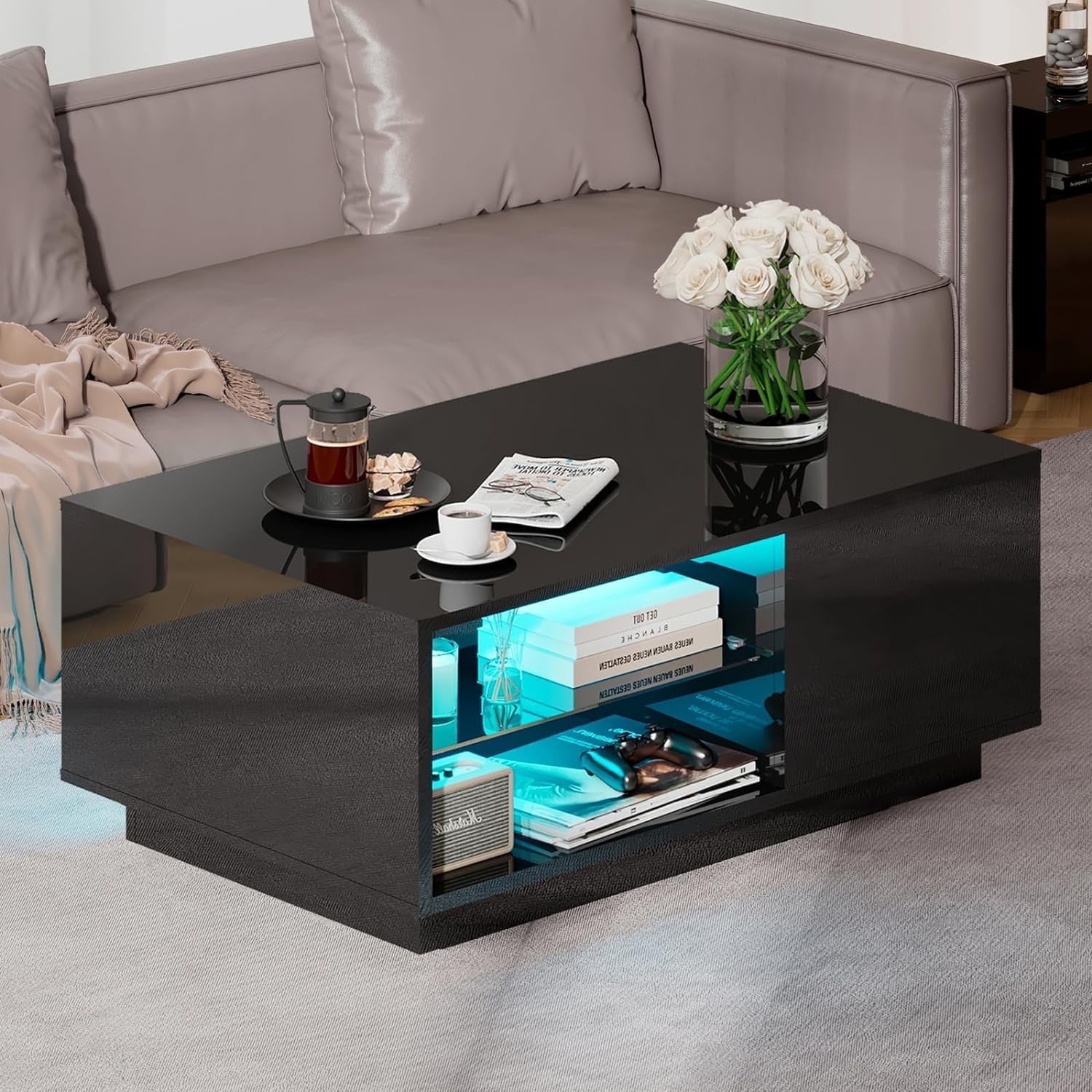 LUXOAK LED Coffee Table with 20-Color Light, Modern Design for Bedroom ...
