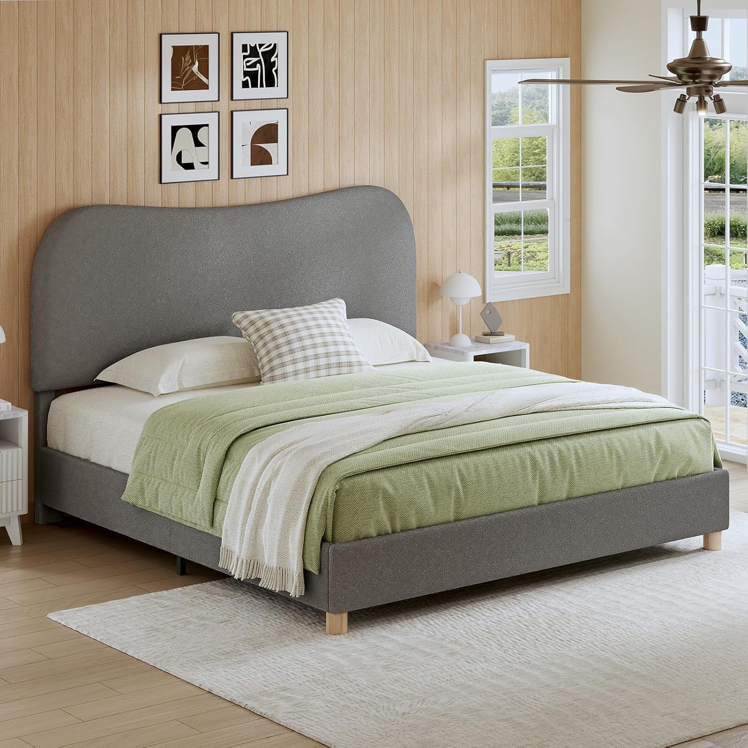 LUXOAK Queen Size Bed Frame with Curved Headboard, Noise Free Boucle Upholstered Easy Assembly ...
