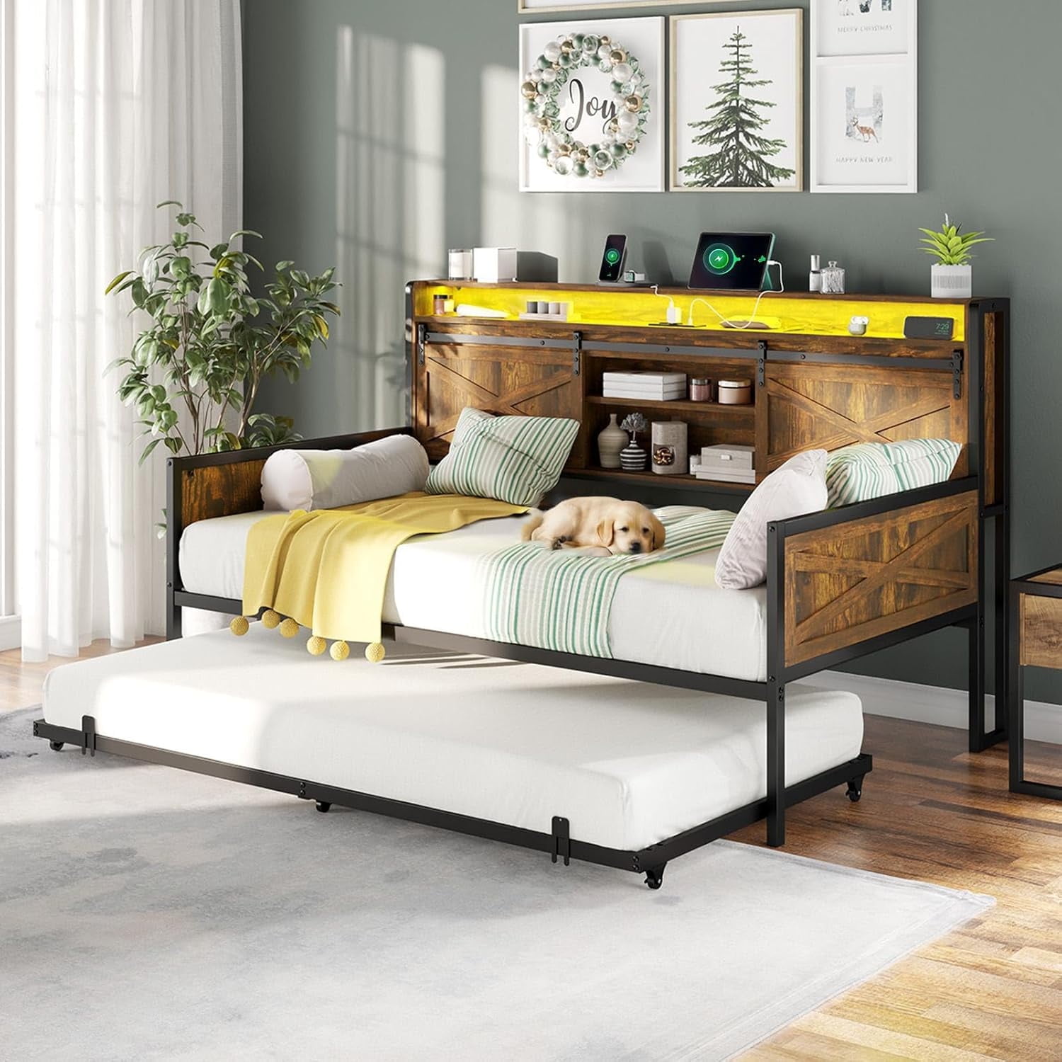 LUXOAK Twin Daybed Frame with Trundle Bed, Barn Door Design & USB ...