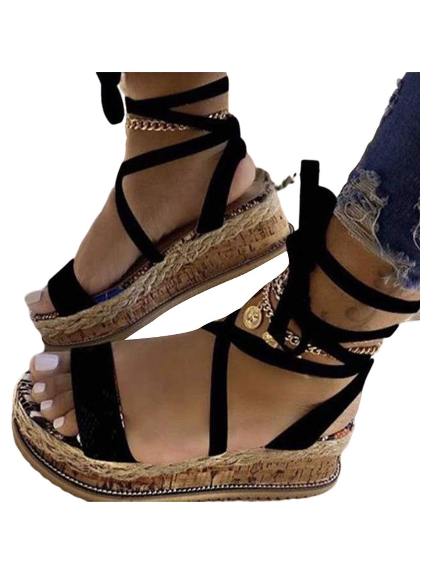 LUXUR Peep Toe Platform Wedges Sandals for Women Ankle-Tie Lace up ...