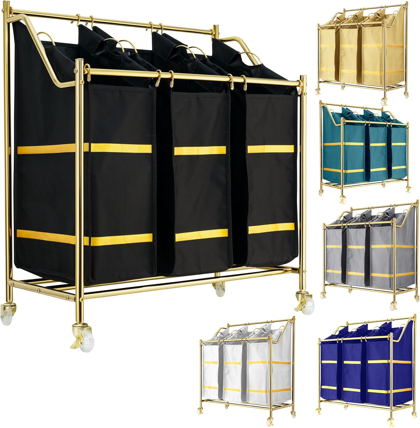 LUXURY STYLE Laundry Hamper, 3-Section Movable Laundry Sorter Space ...