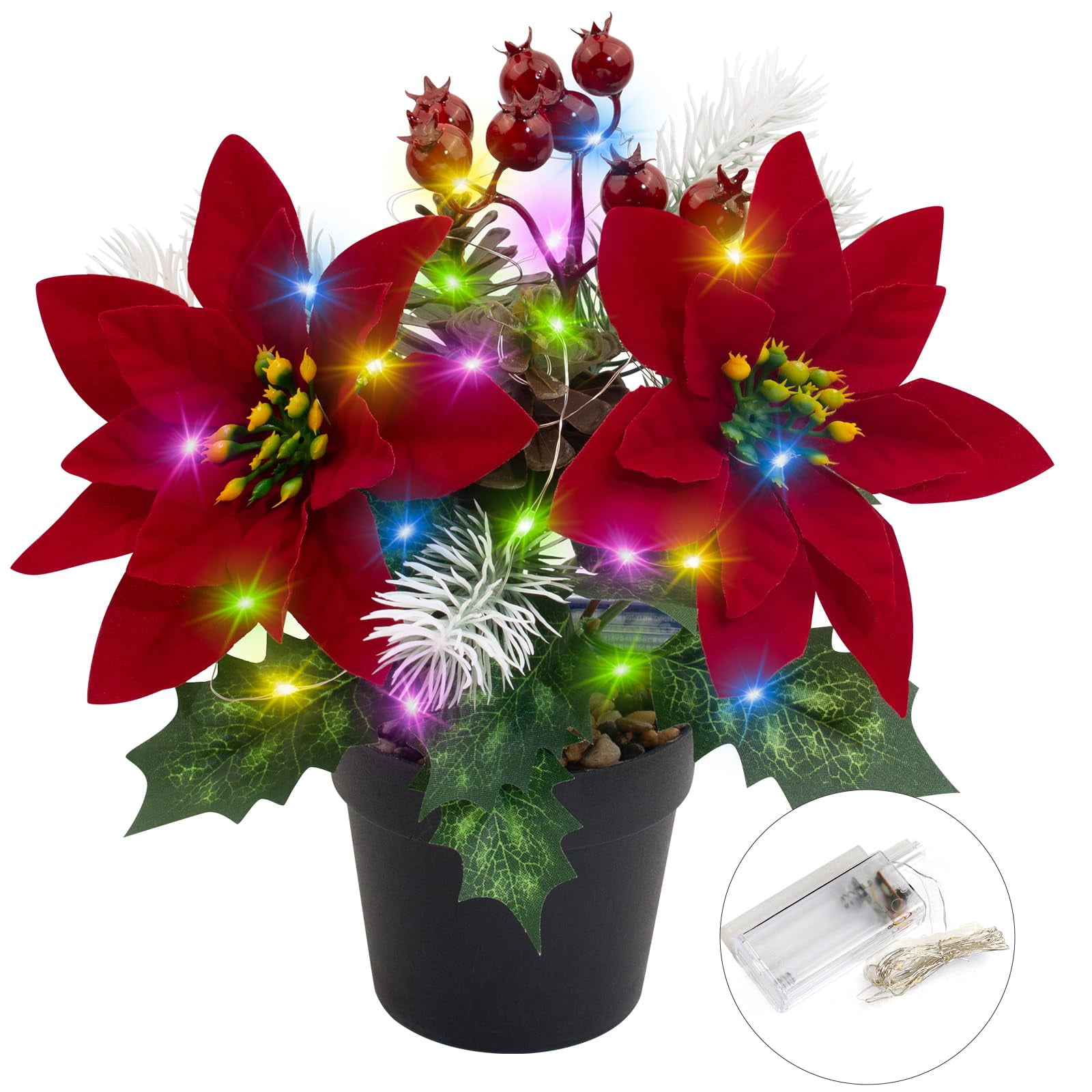 LUZOGA Christmas Poinsettia Plants Decorations Pre-Lit Artificial ...
