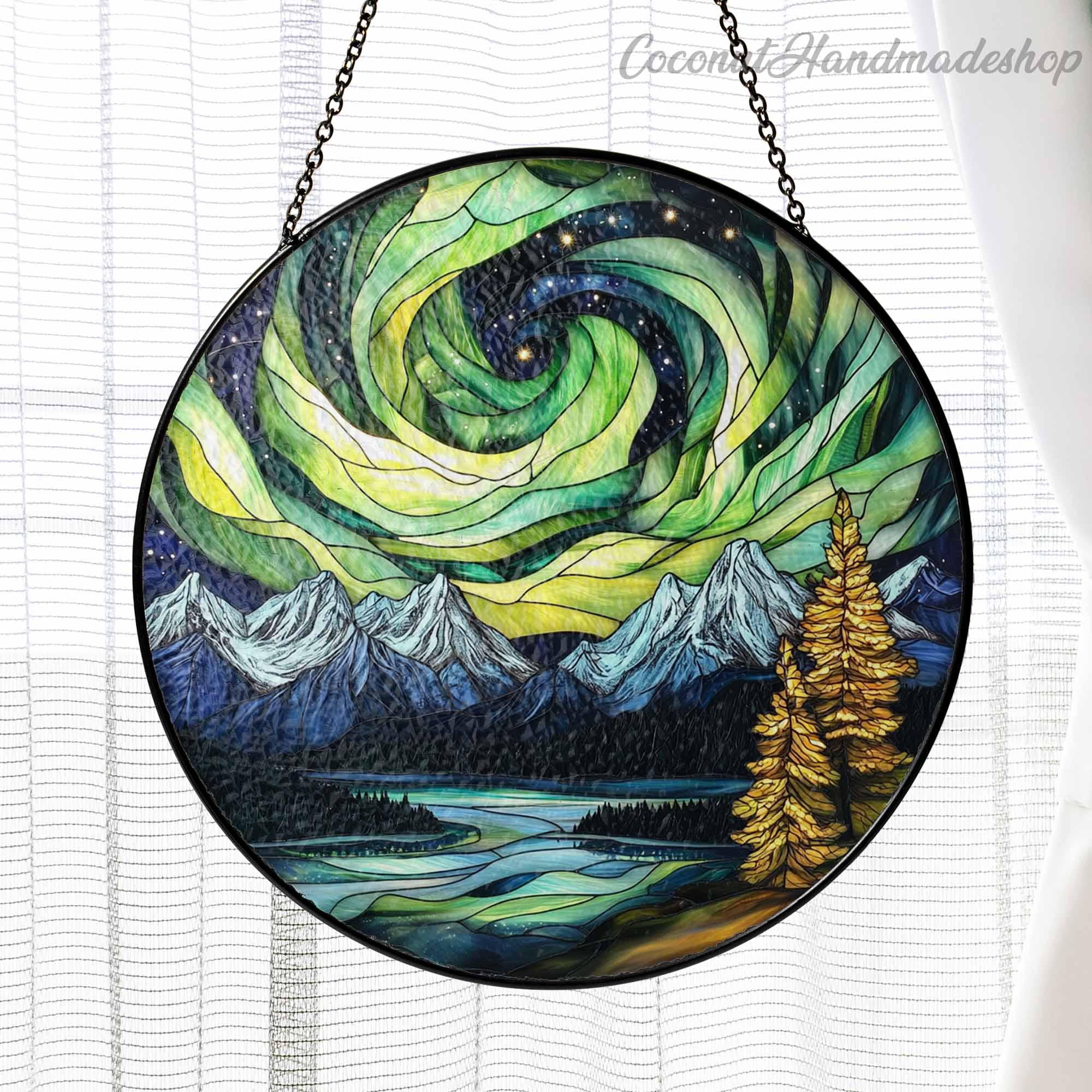 LV Gifts - Aurora Borealis Suncatcher, Northern Lights Forest Stained ...