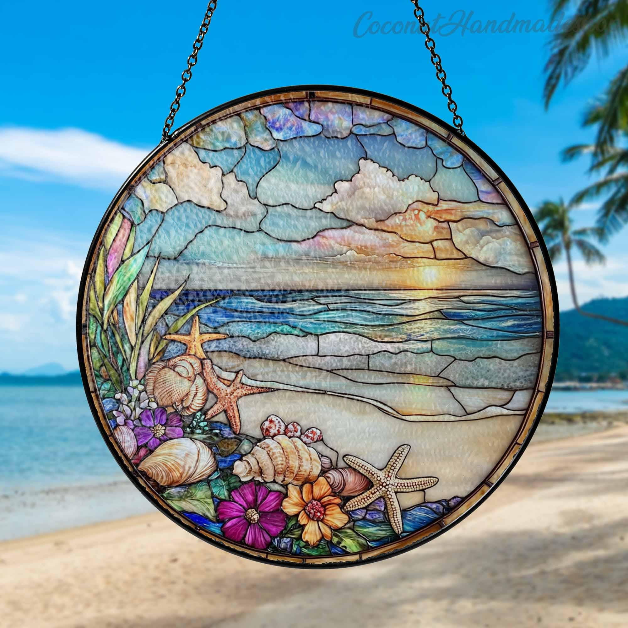 LV Gifts - Beach Suncatcher, Starfish & Ocean Sunset Stained Glass ...