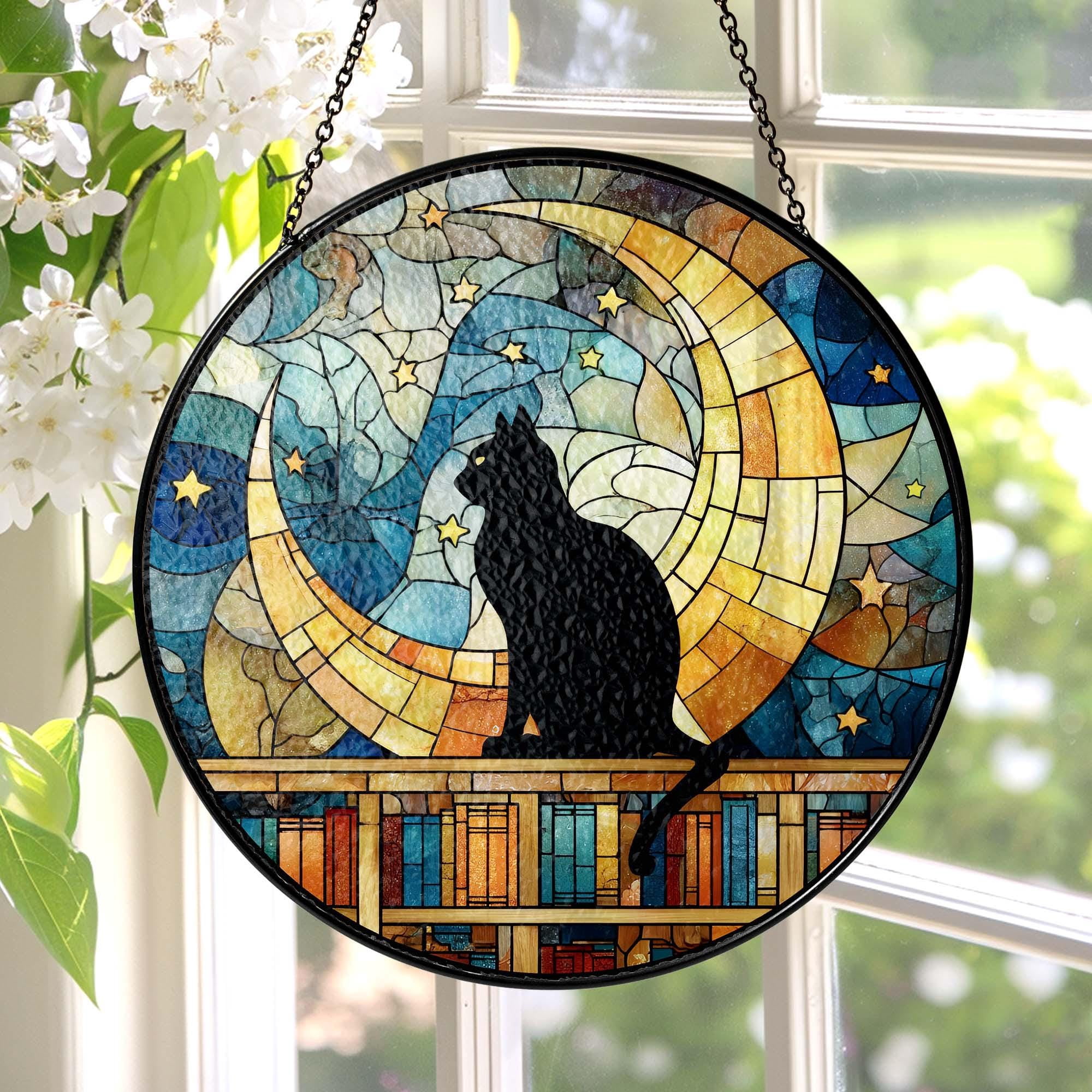 LV Gifts - Cat Reading Book Suncatcher, Moon Stained Glass Style Window ...